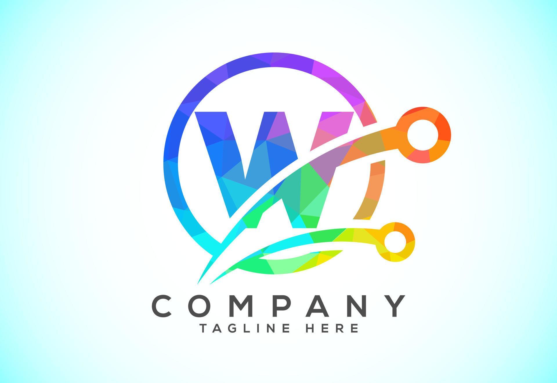 Polygonal low poly W alphabet in a circle with technology sign symbol ...