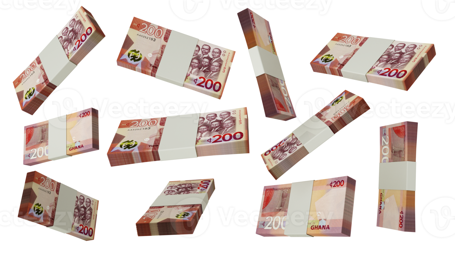 3d Rendering Of Stacks Of 200 Ghanaian Cedi Notes Flying In Different Angles And Orientations