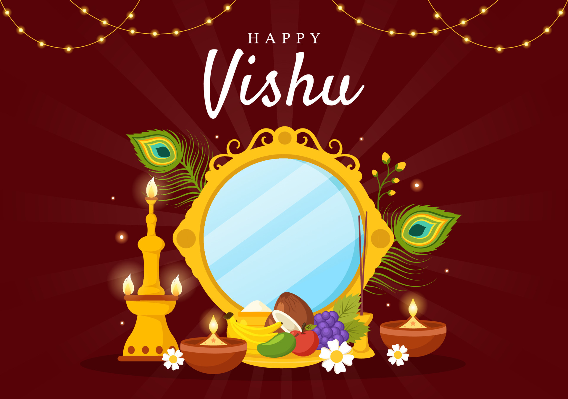 Happy Vishu Festival Illustration with Traditional Kerala Kani, Fruits and Vegetables for ...