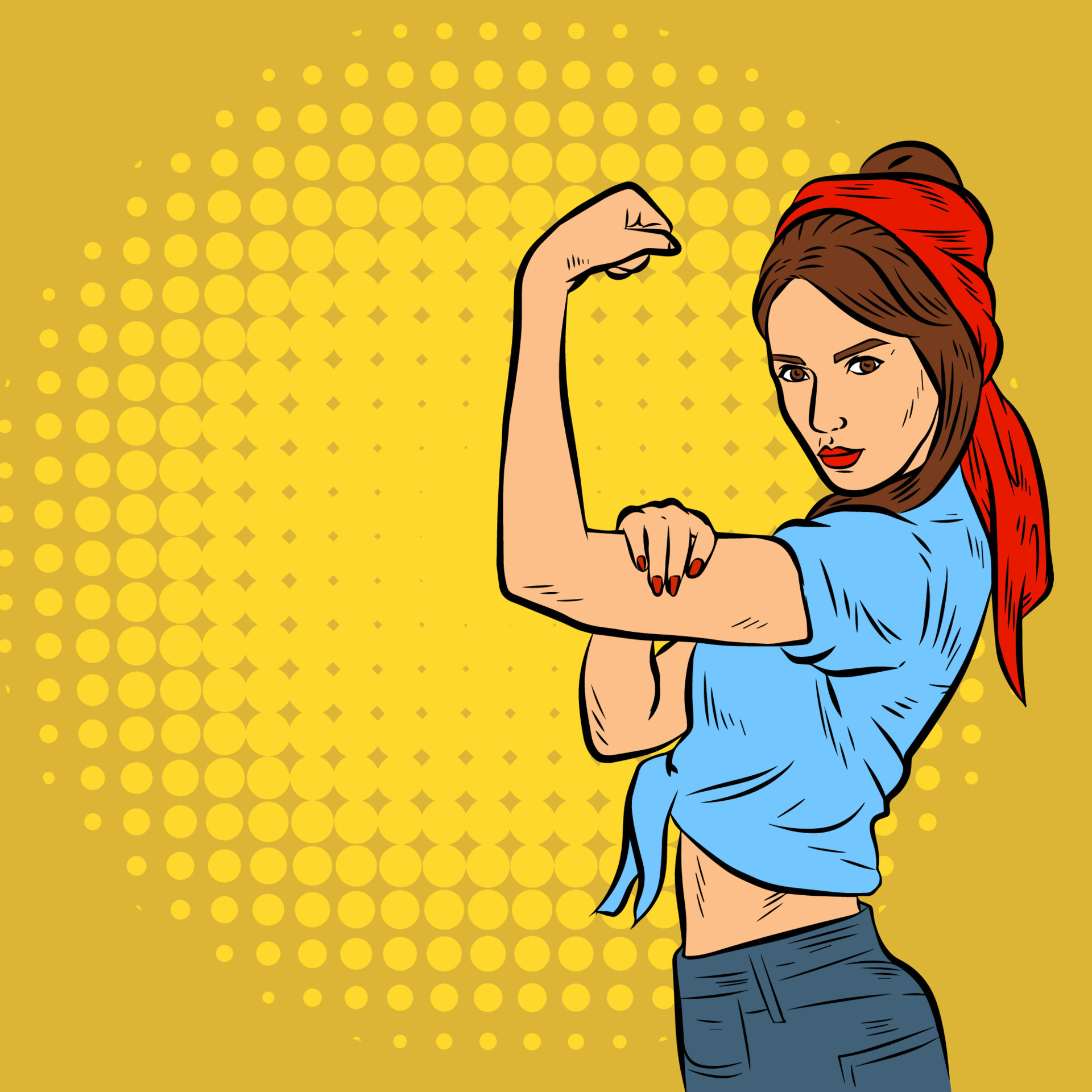 Pin-up strong arm woman on halftone background. Vector illustration ...