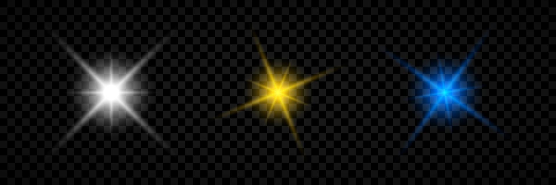 Light effect of lens flares. Set of three white, yellow and blue glowing lights starburst ...