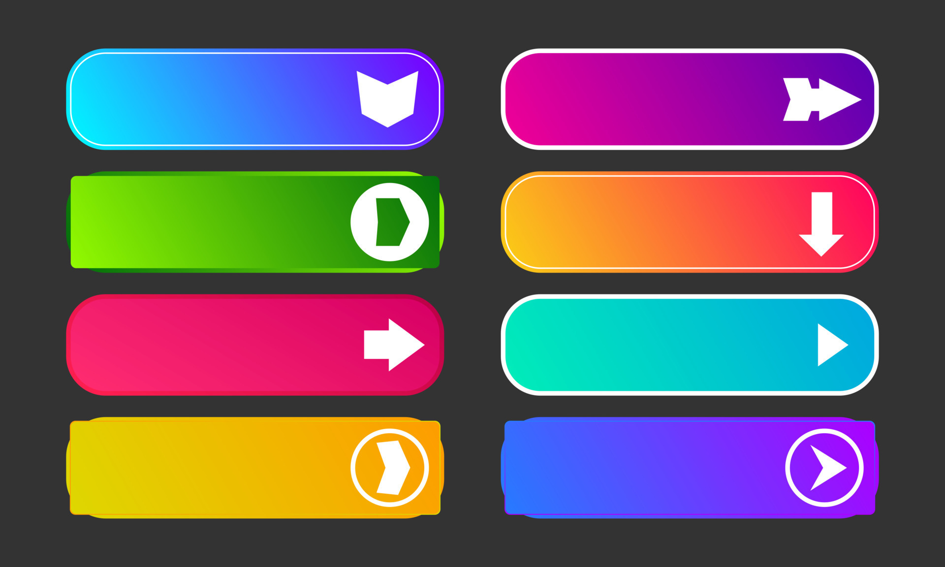 Colorful gradient buttons with arrows. Set of eight modern abstract web ...