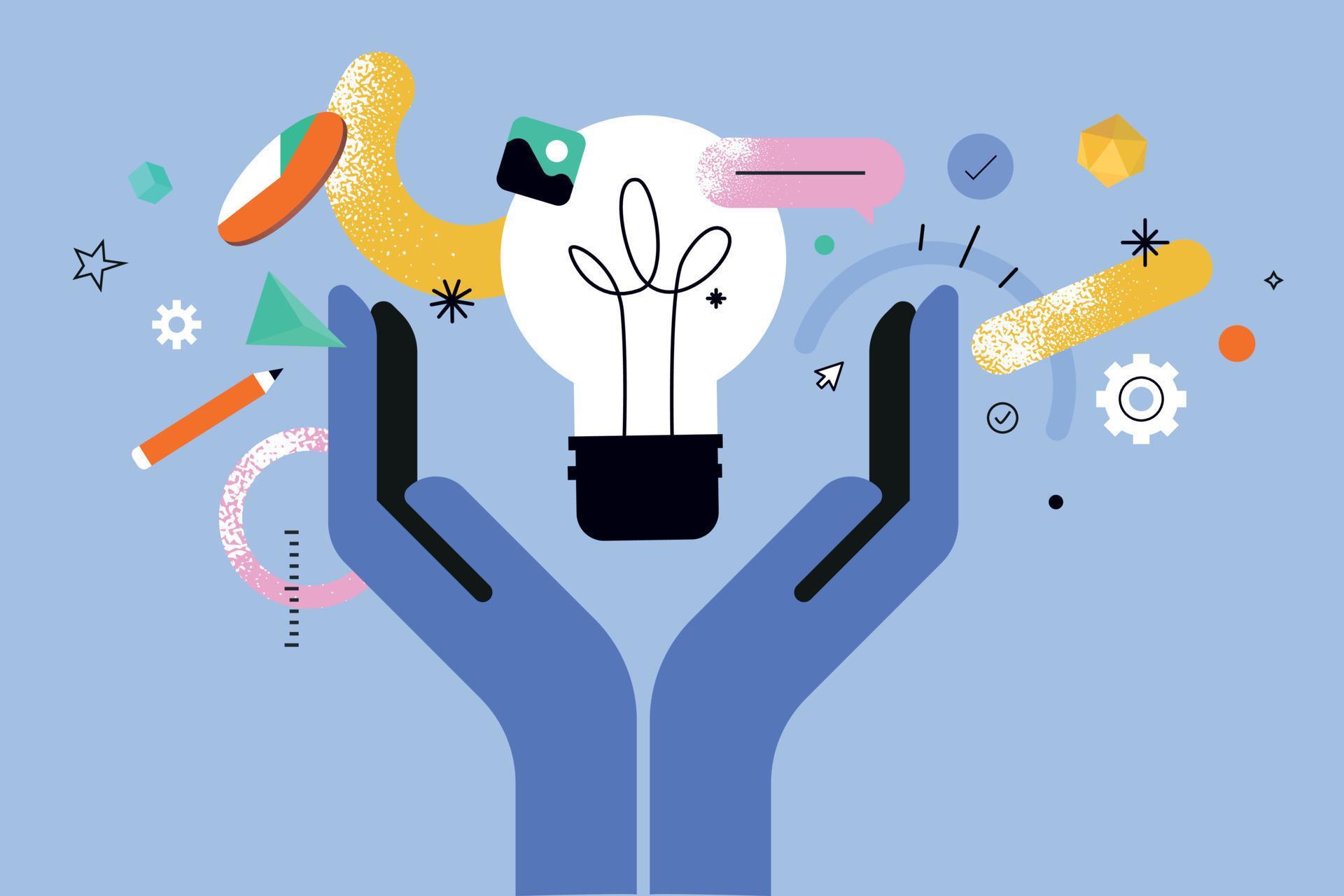 Vector illustration of creativity, innovation, idea, startup, project development. Creative ...