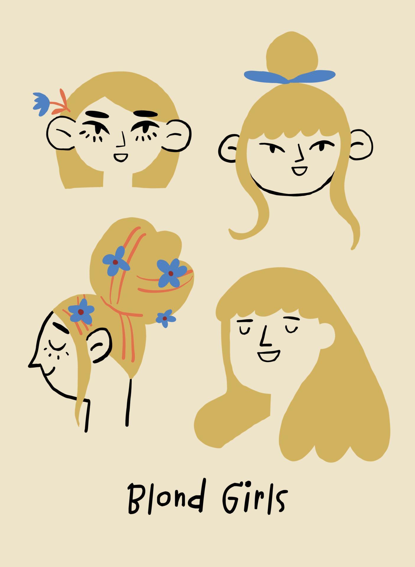 Romantic Girls With Blond Hair Romantic Girls Poster Girls Doodle Posters Vector