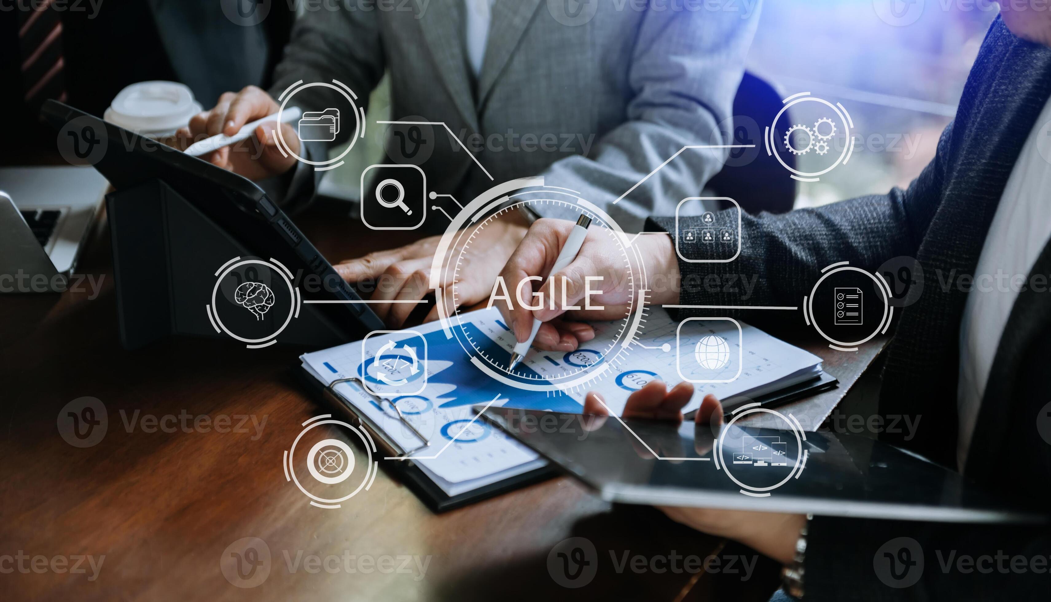 Agile development methodology concept. Business hand using laptop and ...