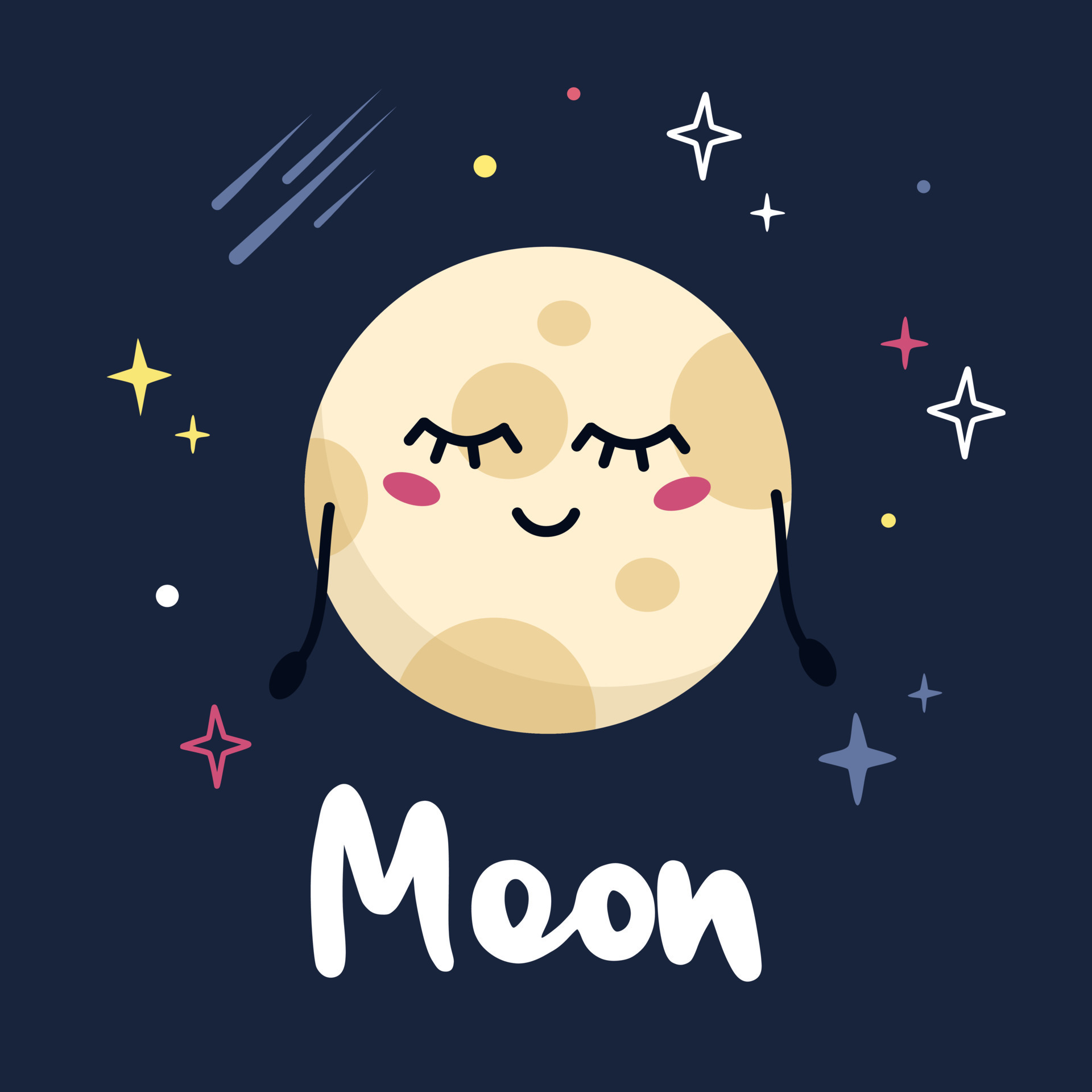 Cute cartoon planet character Moon with funny face. Poster solar system for children. Vector ...
