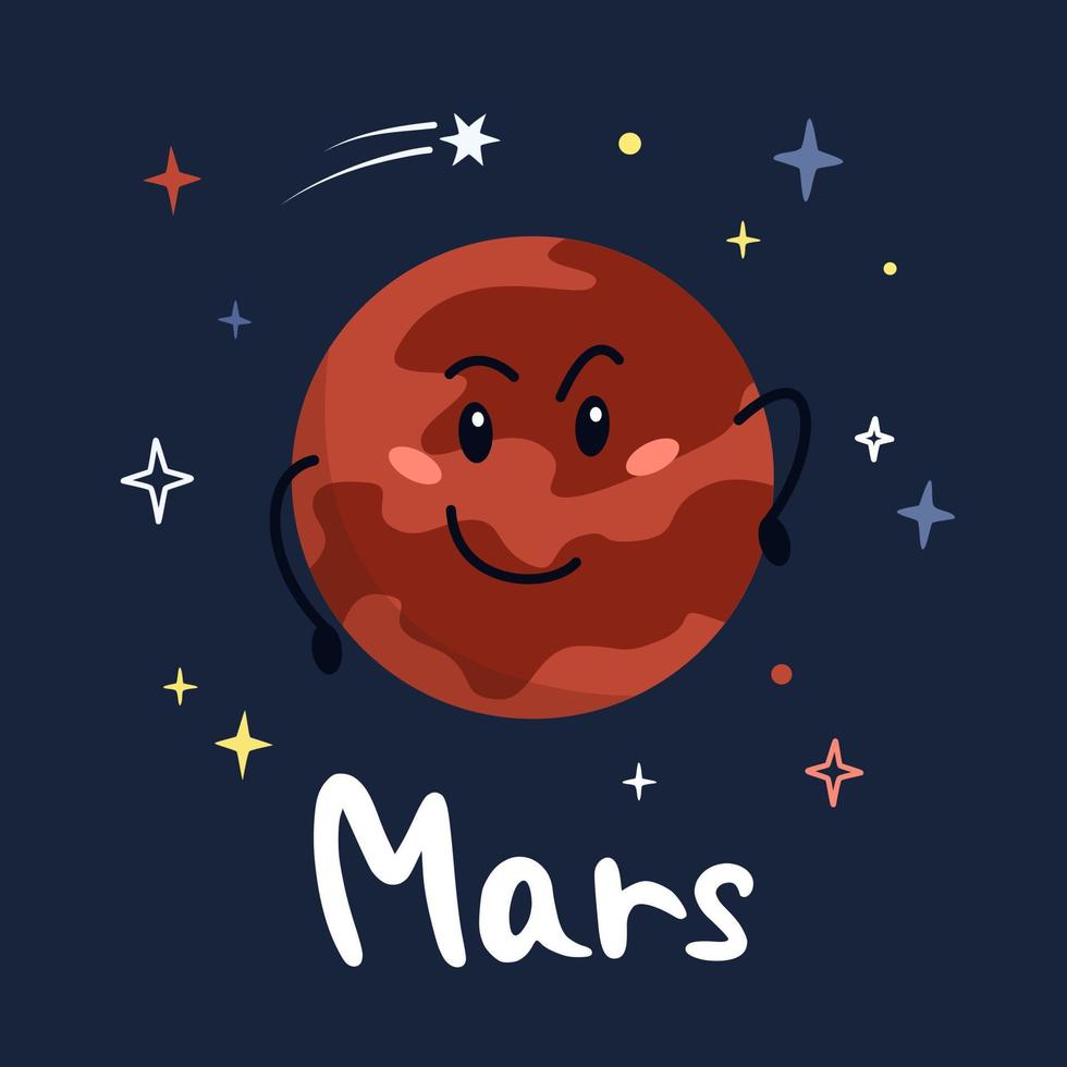 Linda Dibujos Animados Planeta Personaje Marte Con Gracioso Rostro