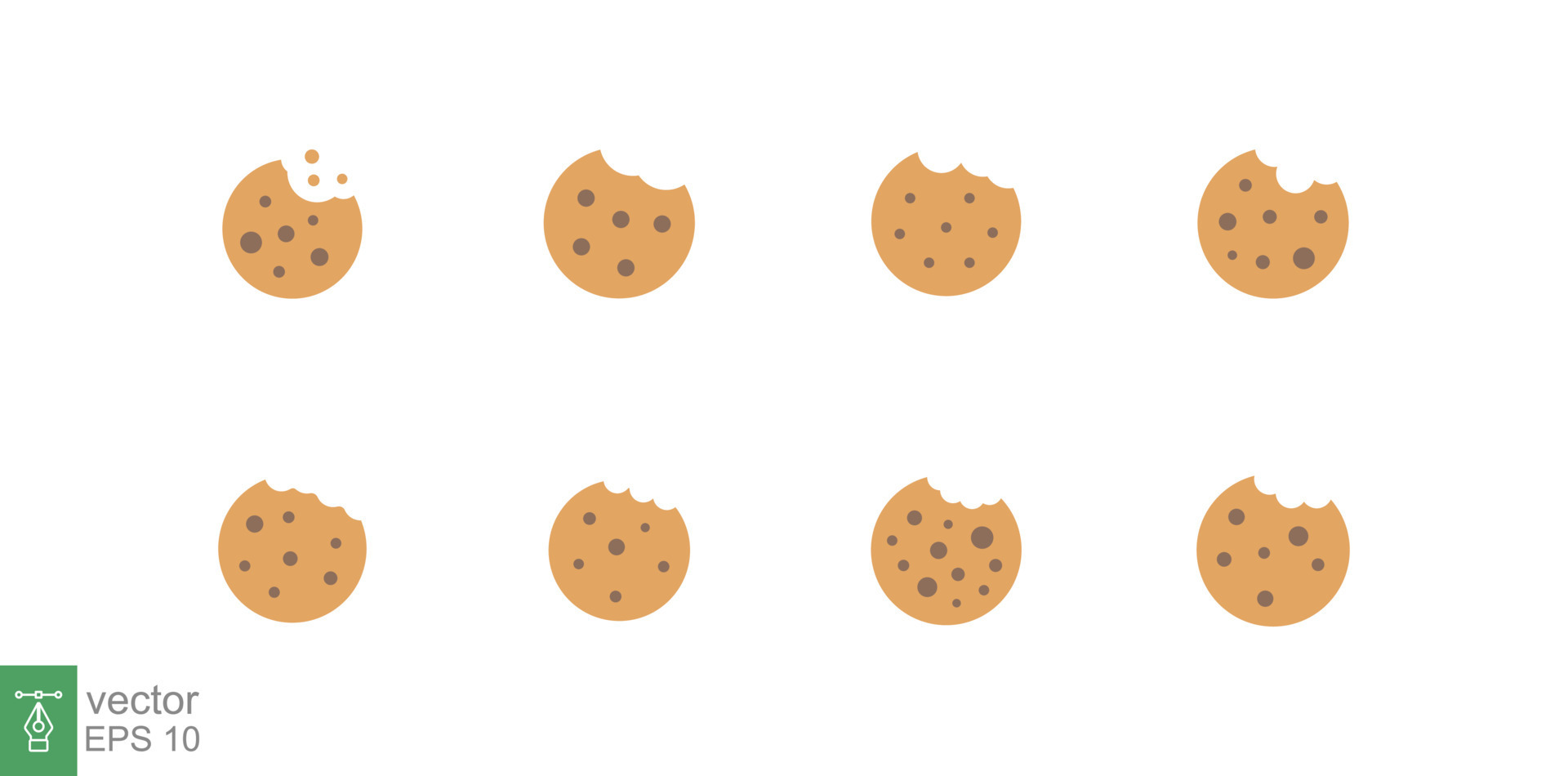 Set of cookies with chocolate crisps bitten icon. Simple cartoon flat style. Cookie crumbs ...