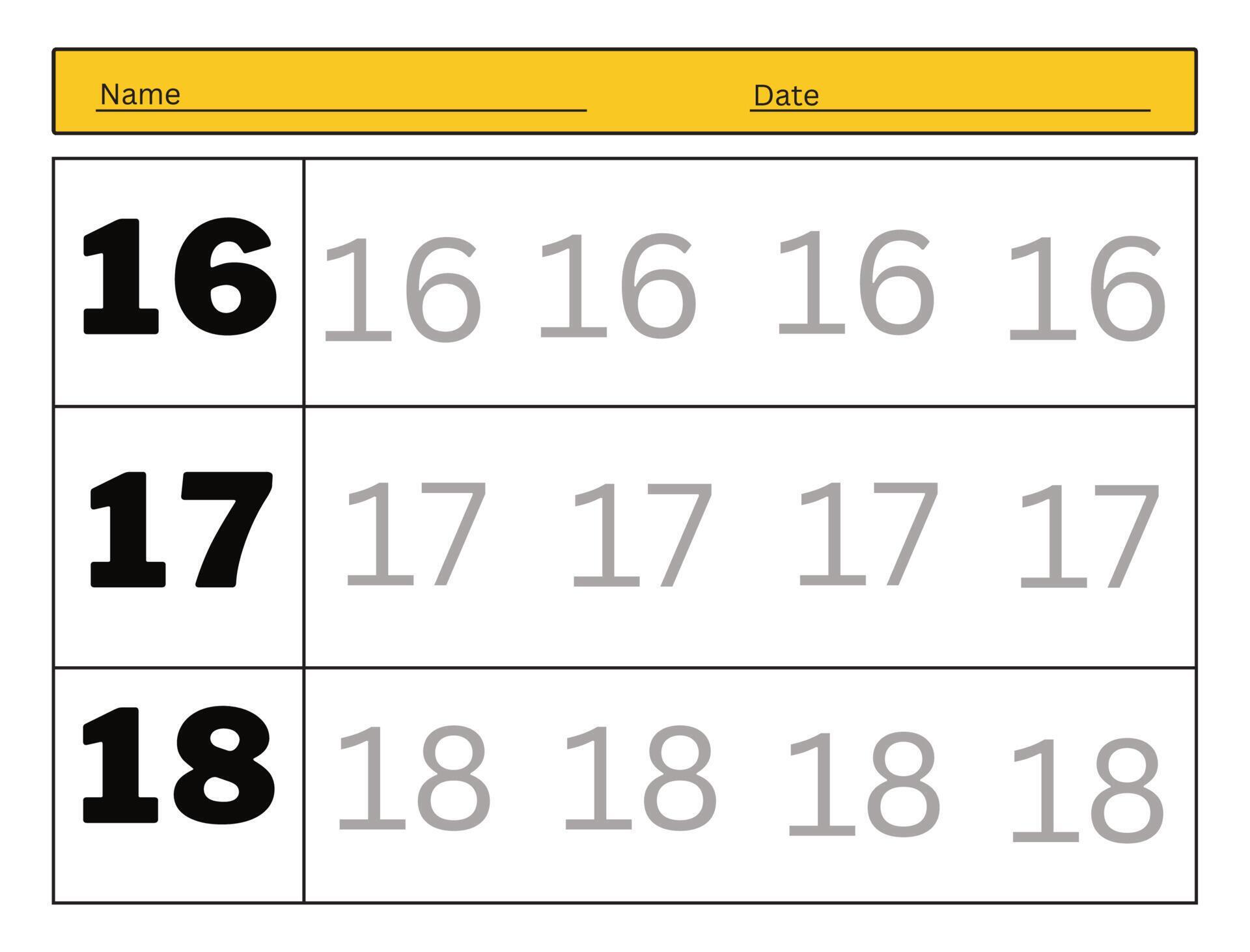 The practice of writing numbers 16, 17, 18. Tracking worksheet count ...