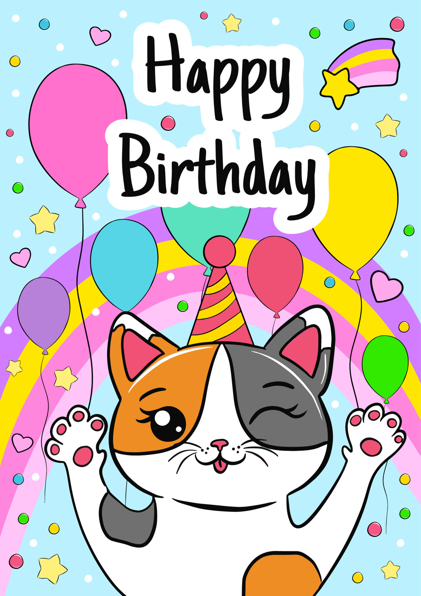 Happy Birthday Greeting Card With Rainbow And Funny Cat Holiday Poster