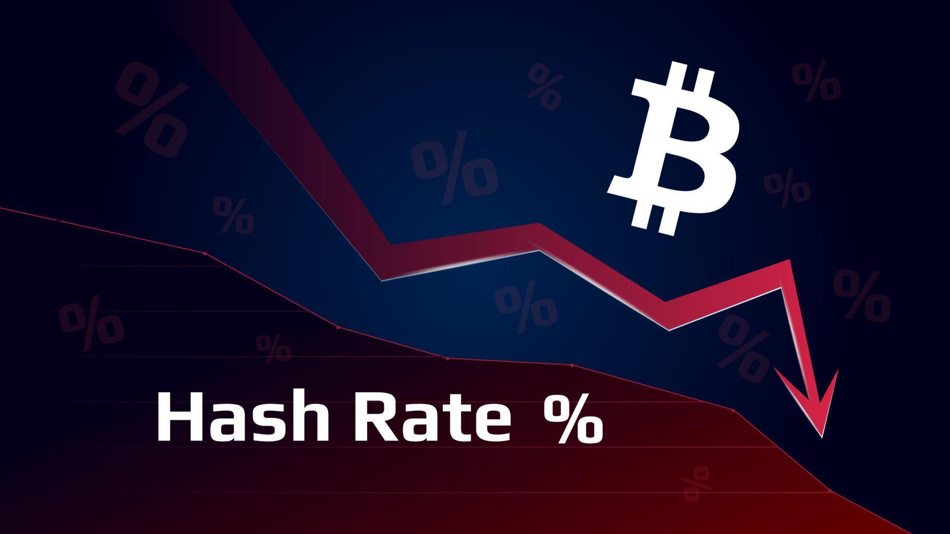 Bitcoin BTC hash rate has fallen. Bitcoin symbol with red down arrow. Mining power has dropped ...
