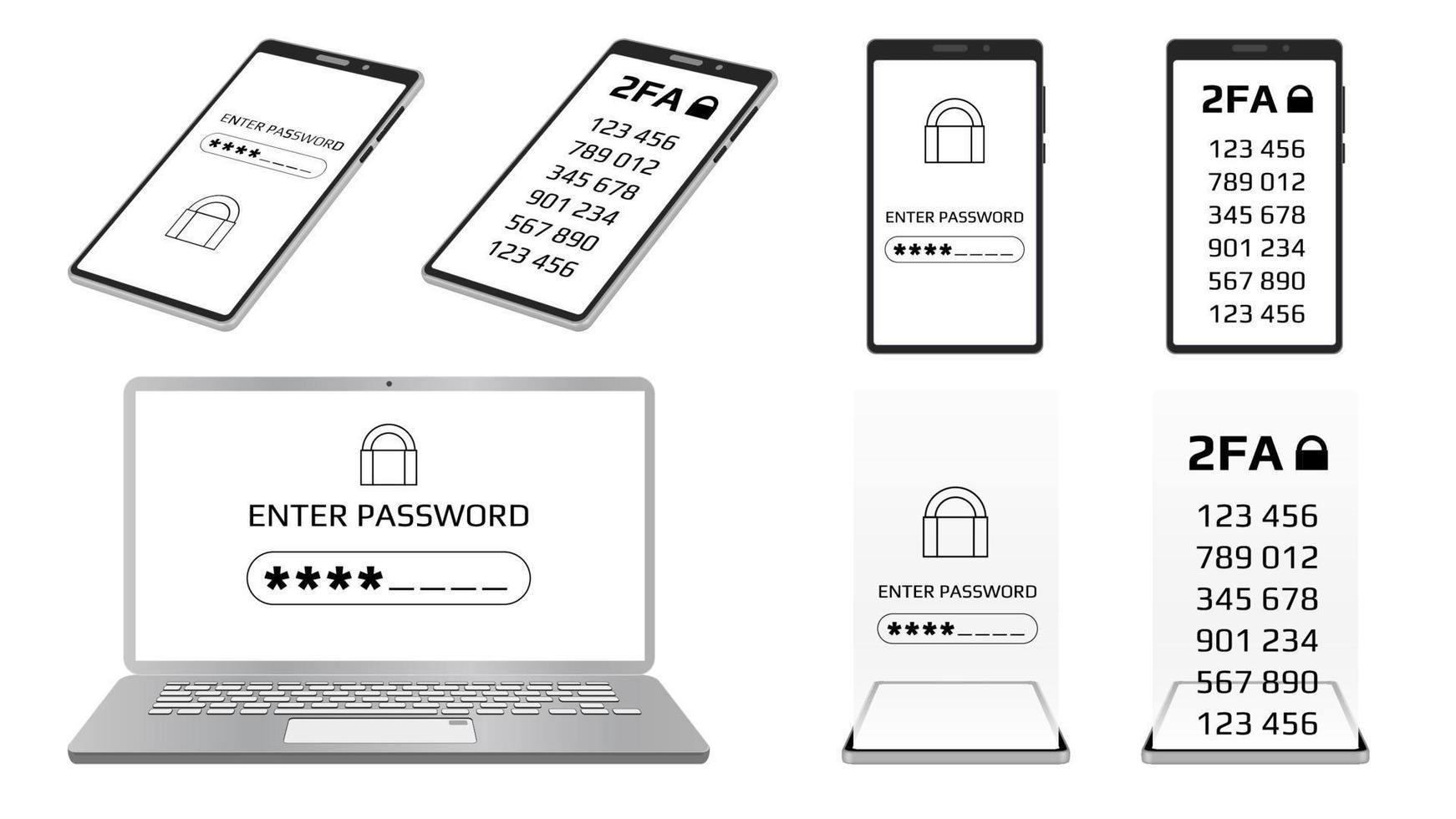 Set Of Concept Of 2fa Two Factor Authentication And Enter Password Concept On Laptop And