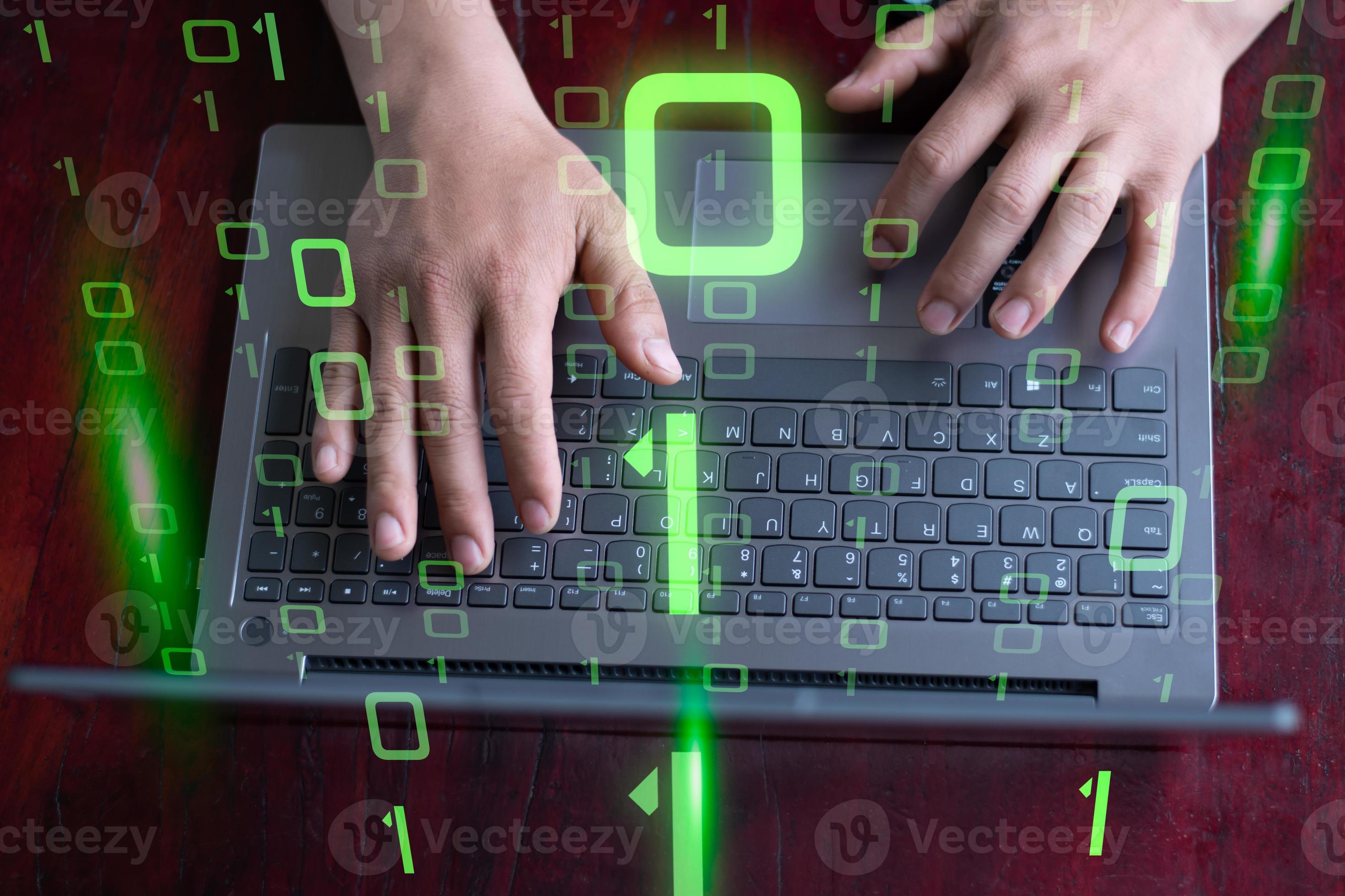 Top view hands are typing and learning how to start computer coding ...