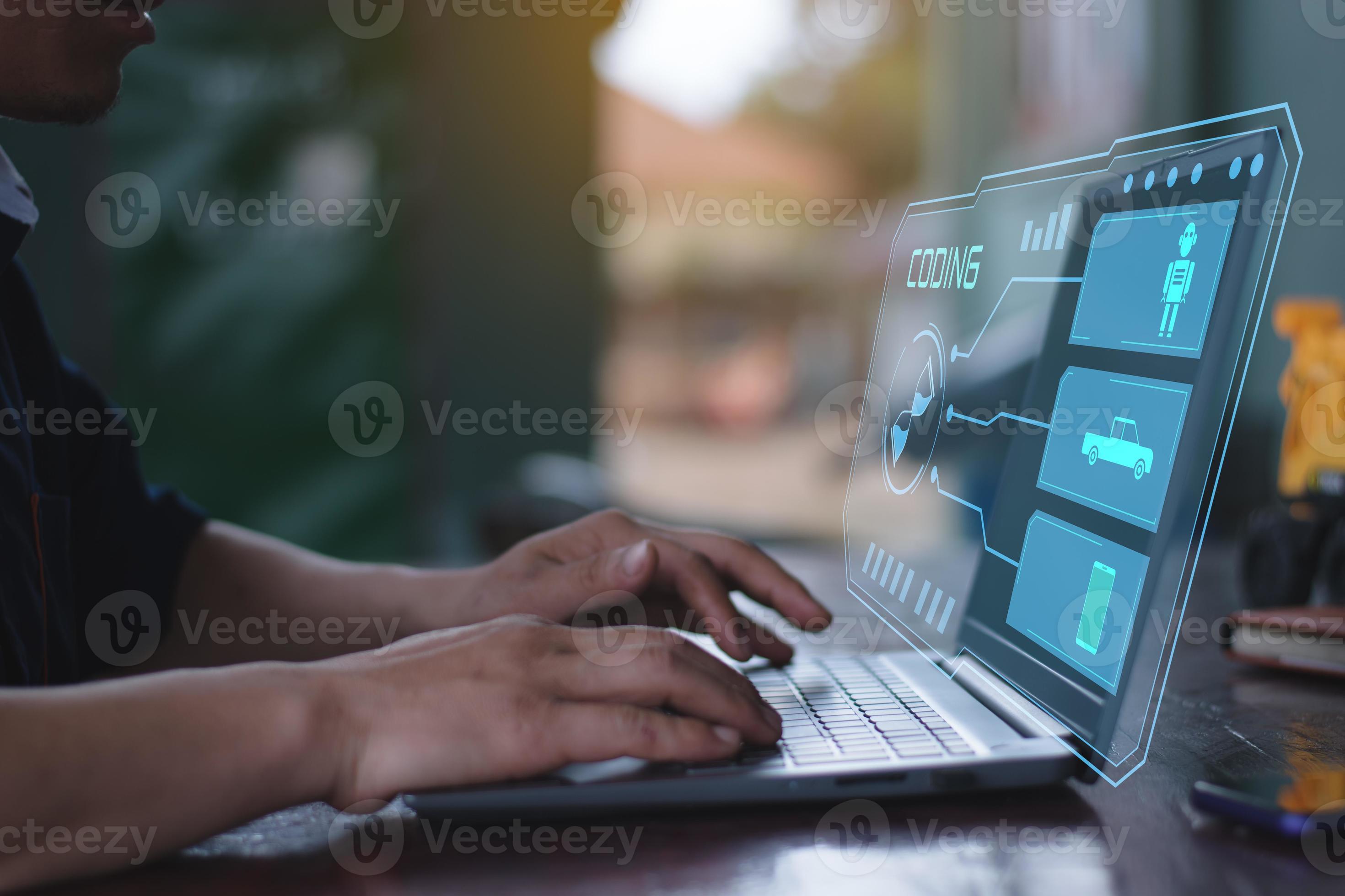 Close up shot of man hands and virtual coding running on screen ...