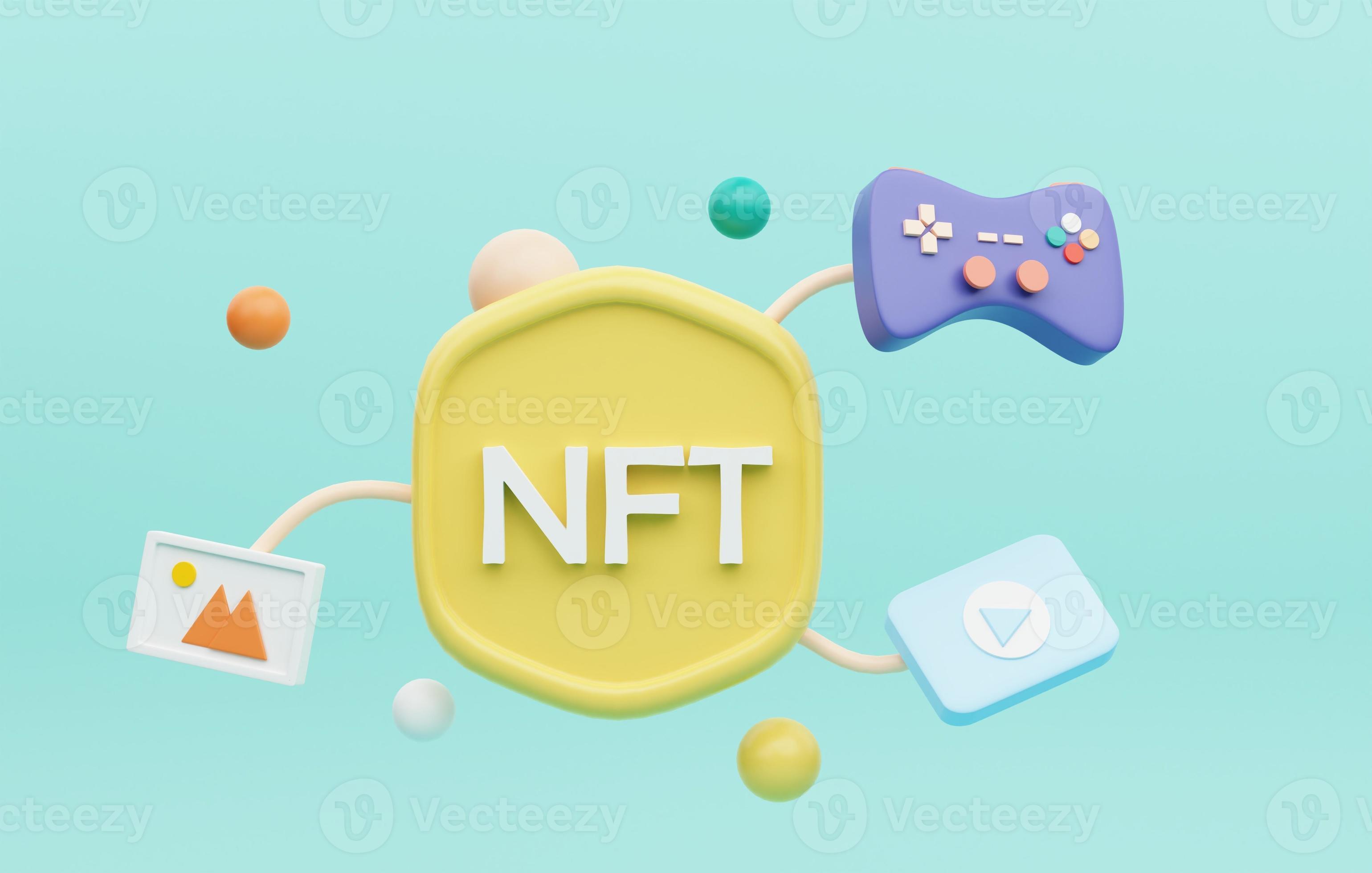 NFT non-fungible token with Types of NFT data of digital files, 3d nft icon symbol. 3d render ...