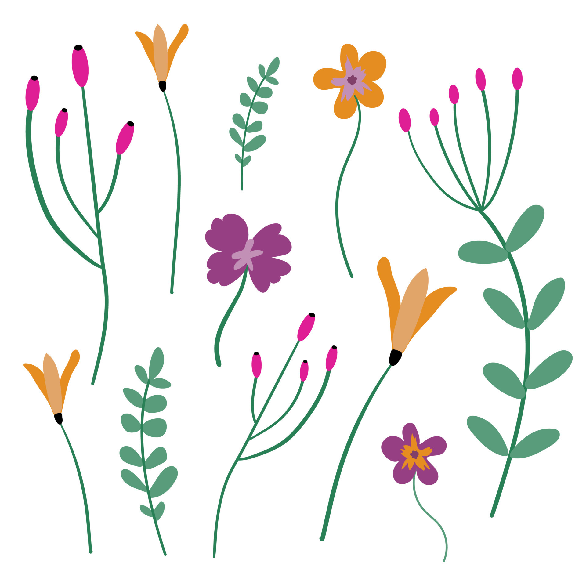 Set of vector flowers. Spring collection of blooming plants in a flat ...