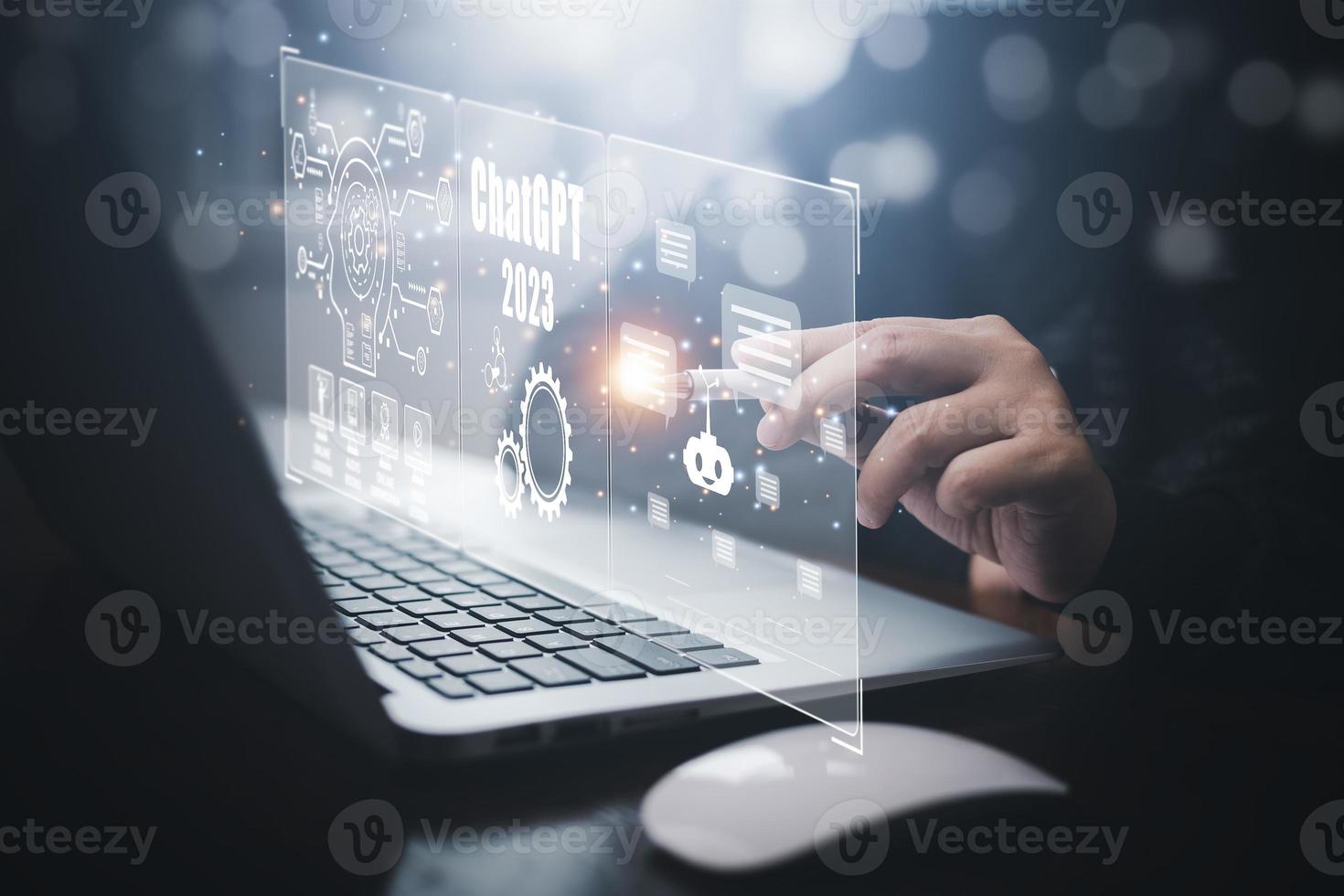 Man using Laptop and touch bar Chat bot Chat with AI, Artificial Intelligence, System Artificial ...