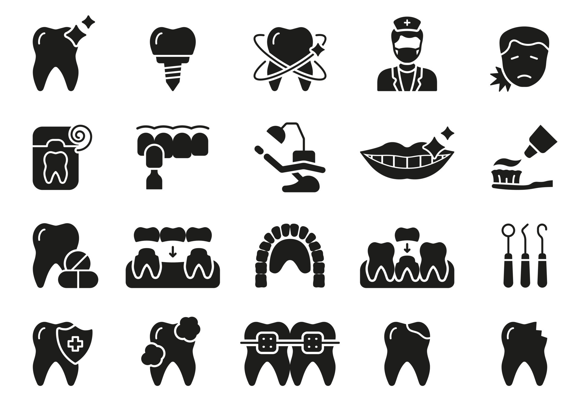 Dental Medical Care Silhouette Icon Set. Dentist's Instrument. Oral ...