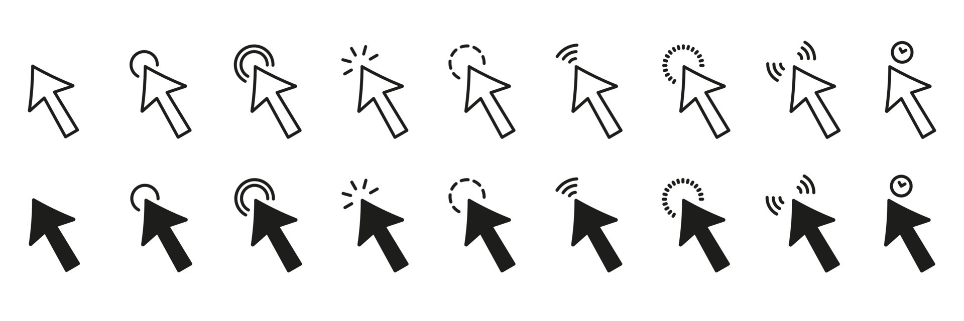Mouse Pointer Line And Silhouette Icon Set Computer Cursor Arrow