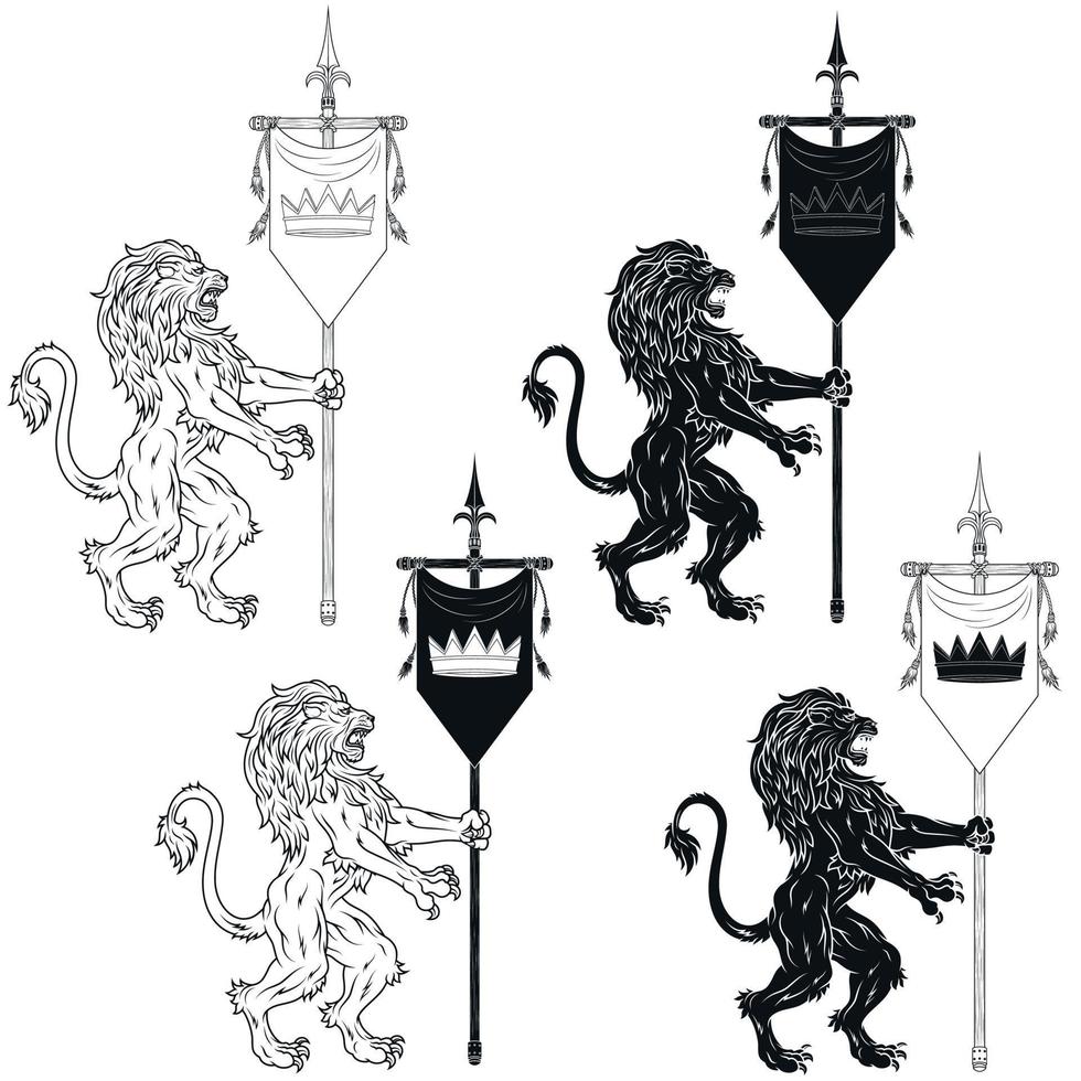 Vector design of rampant lion with medieval pennant, heraldic symbol of ...