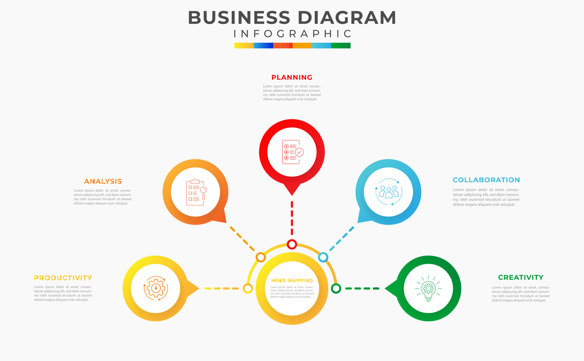 5 Steps Modern Mind mapping Diagram with topic and icon symbols ...