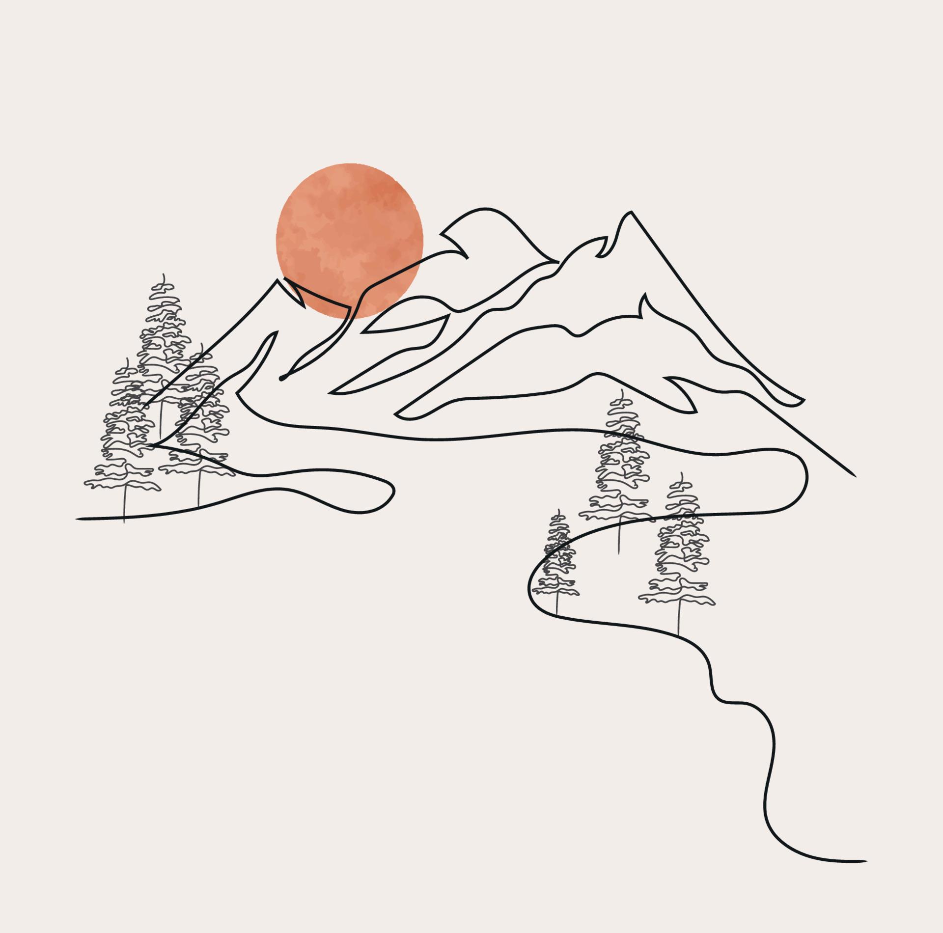 Minimalist Mountain Line Art, Landscape Outline Drawing, Sport ...