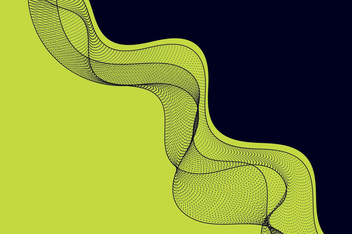 Abstract light green wavy shape with contour lines and twisted particles wave on black ...