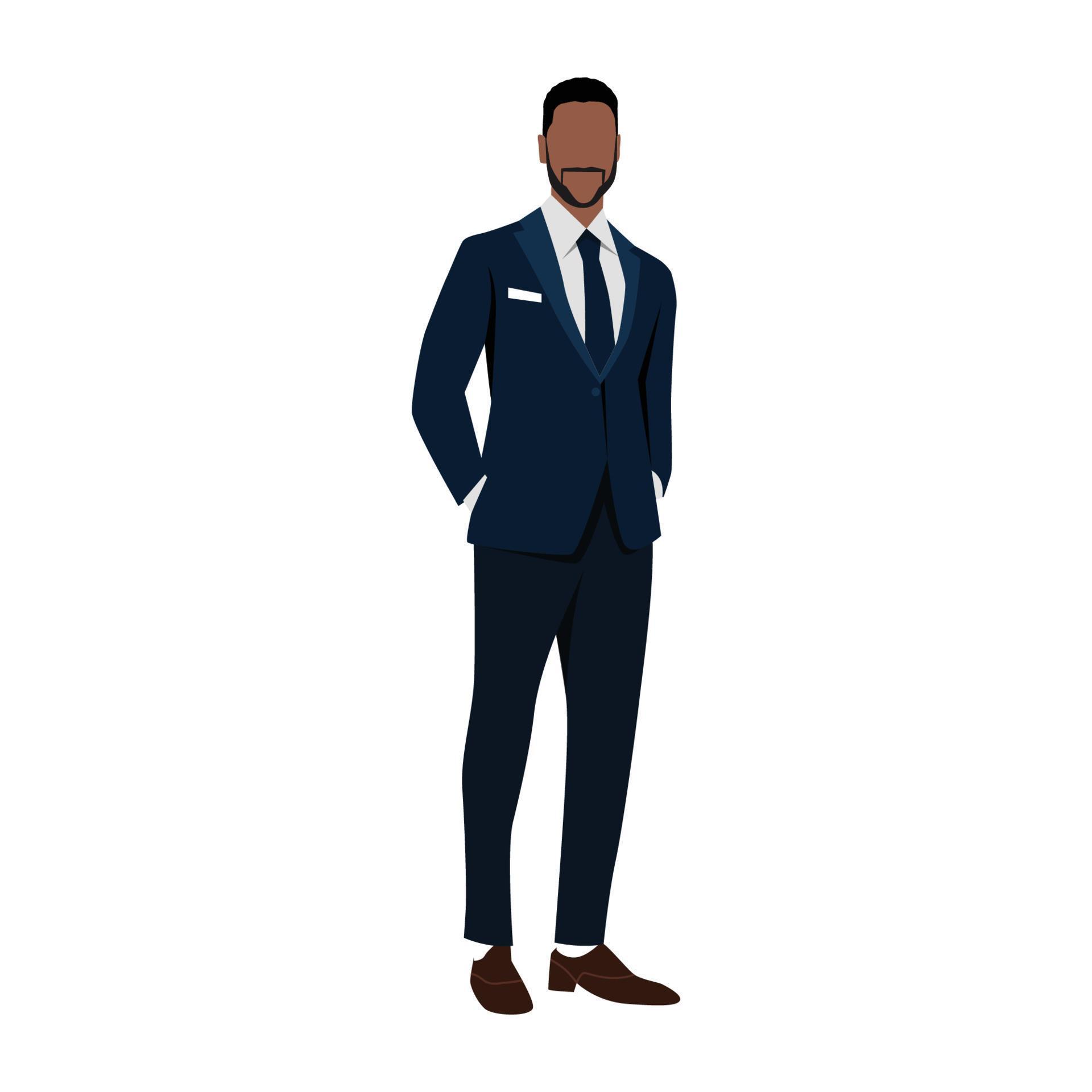 Black business man standing in dark suit with hands in his pockets ...