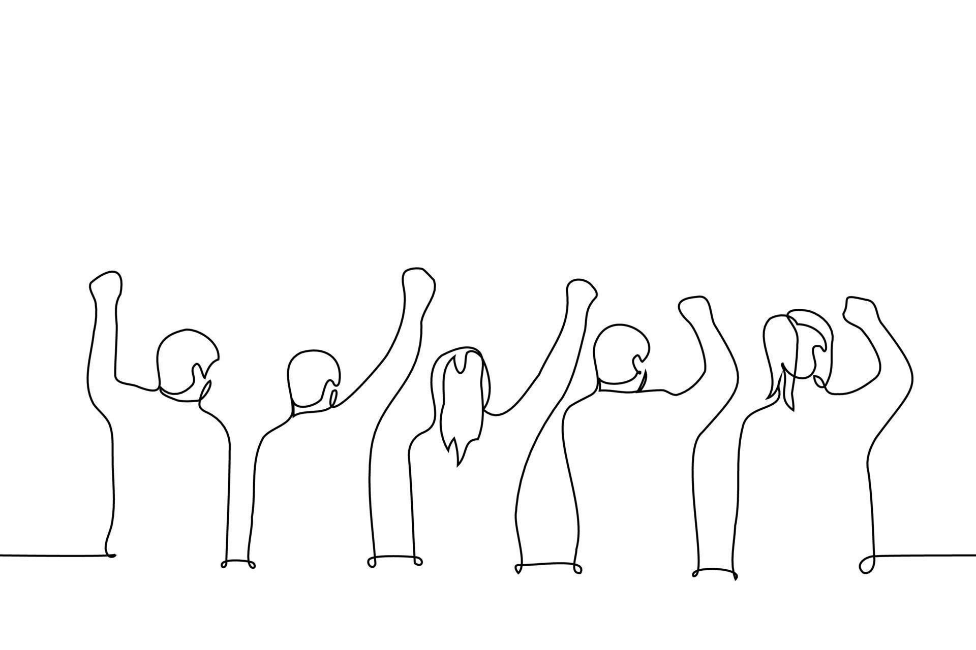 group of people with raised fists standing with their backs to the viewer - one line drawing ...