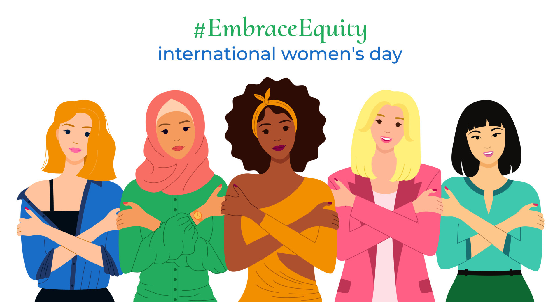 Embrace Equity banner. International Women's Day 2023. Multicultural women are hugging themself ...