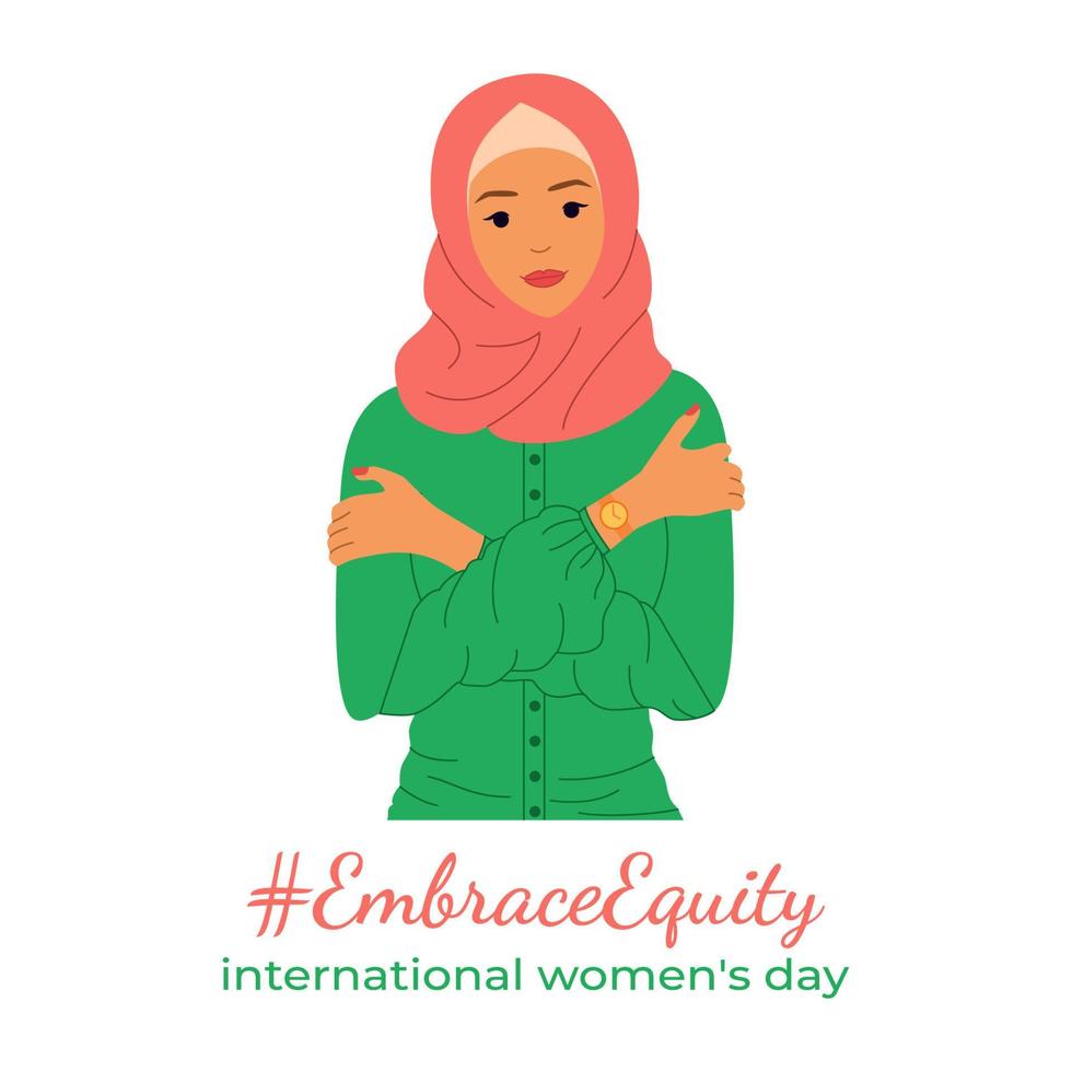 Embrace Equity is theme of International Women's Day 8 march 2023. Muslim woman wearing a hijab ...