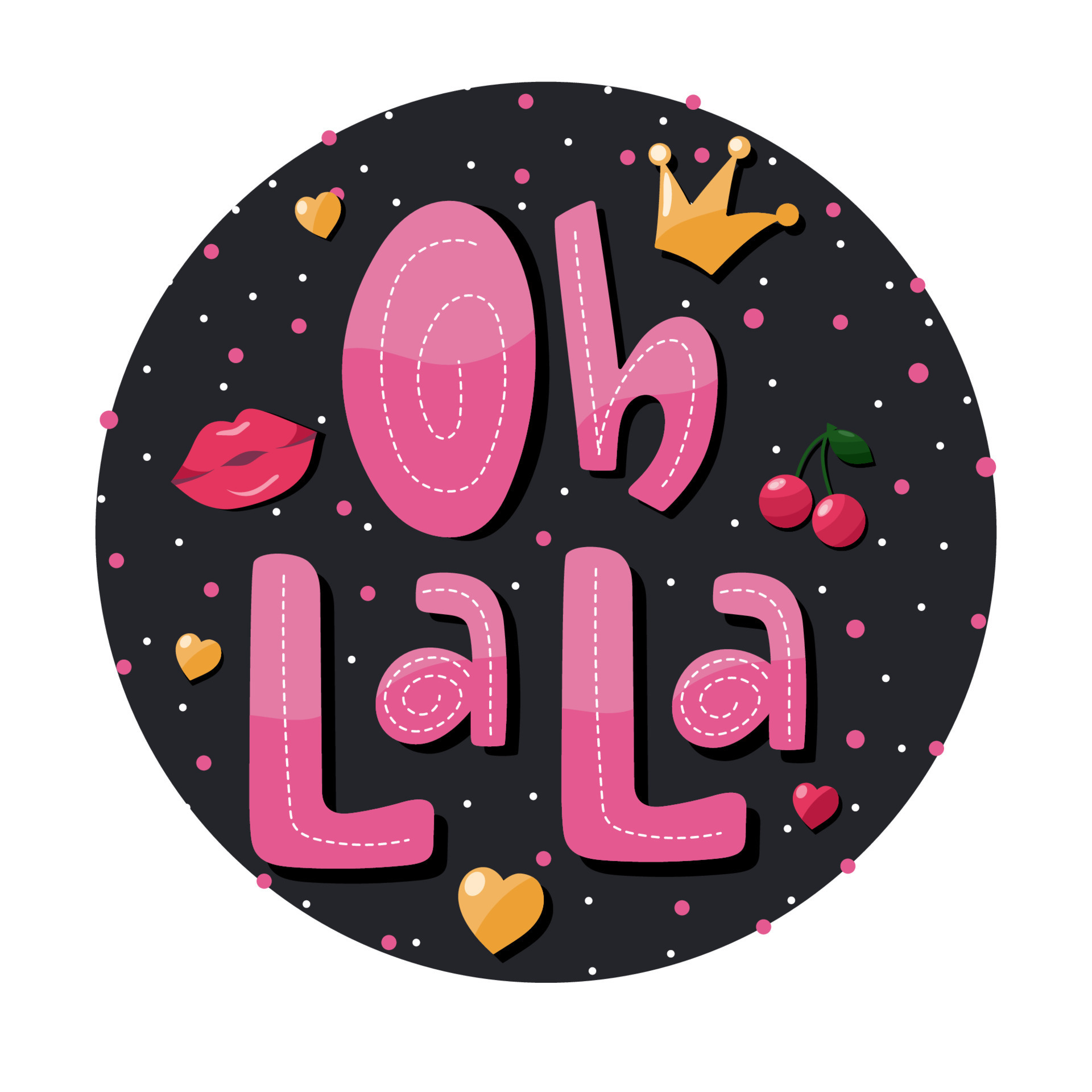 Oh la la handdrawn lettering quote in a round shape. Colourful inspirational typography t-shirt ...