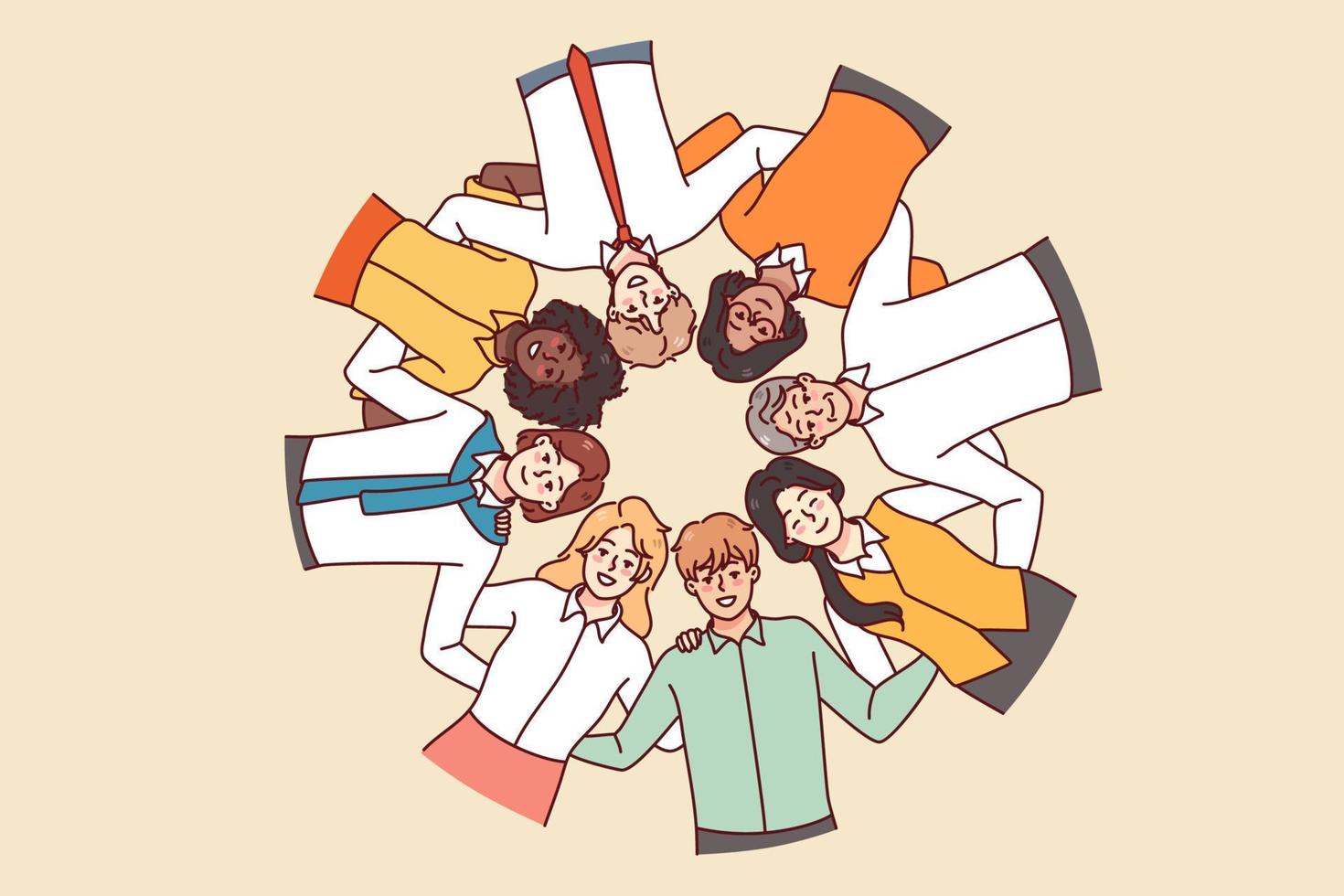 Bottom view of diverse multiracial people stand in circle hugging ... Bottom view of diverse multiracial people stand in circle hugging ...