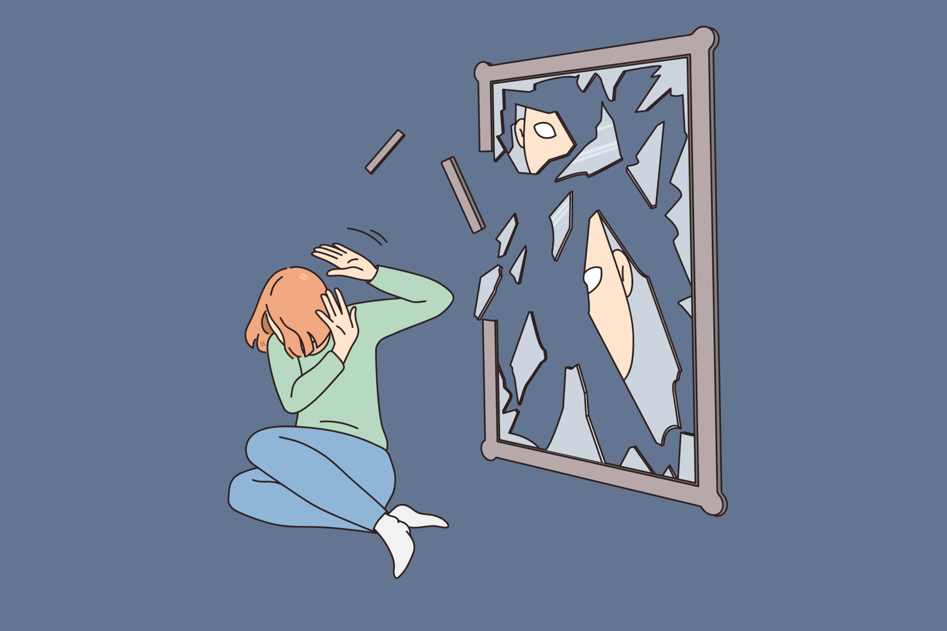 Unhappy young woman near broken mirror struggle with mental problem or depression. Upset girl ...