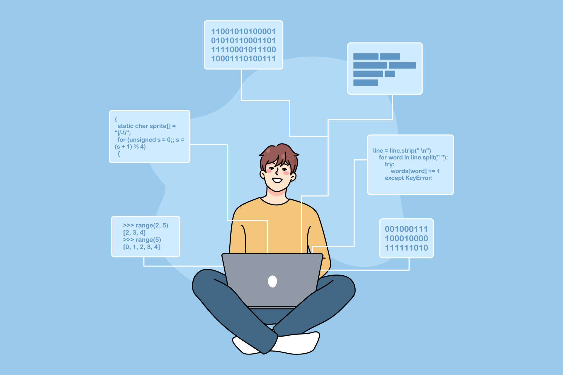 Smiling male software engineer working on computer writing codes and ...