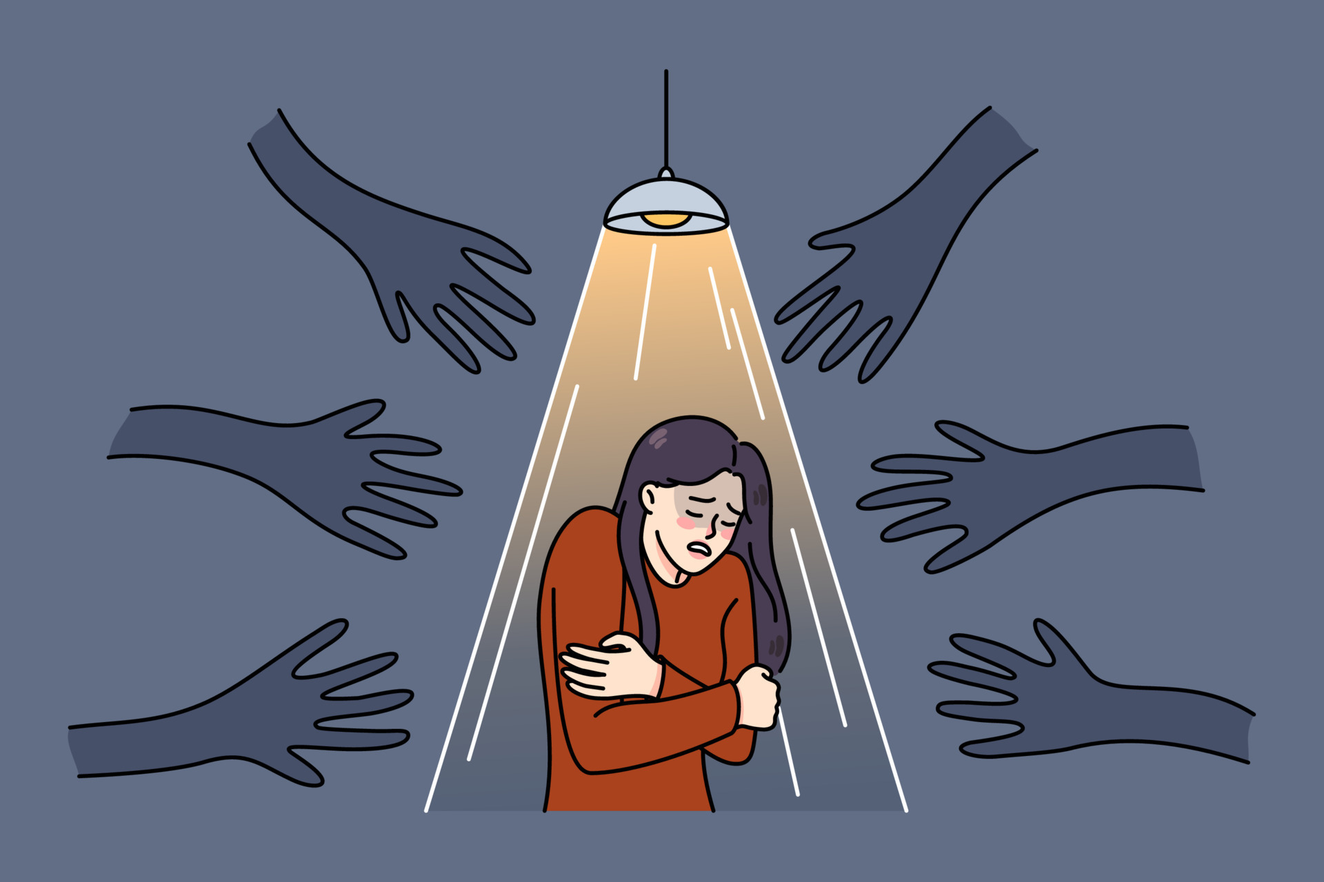 Terrified woman stand under spotlight haunted by numerous black hands ... Terrified woman stand under spotlight haunted by numerous black hands ...