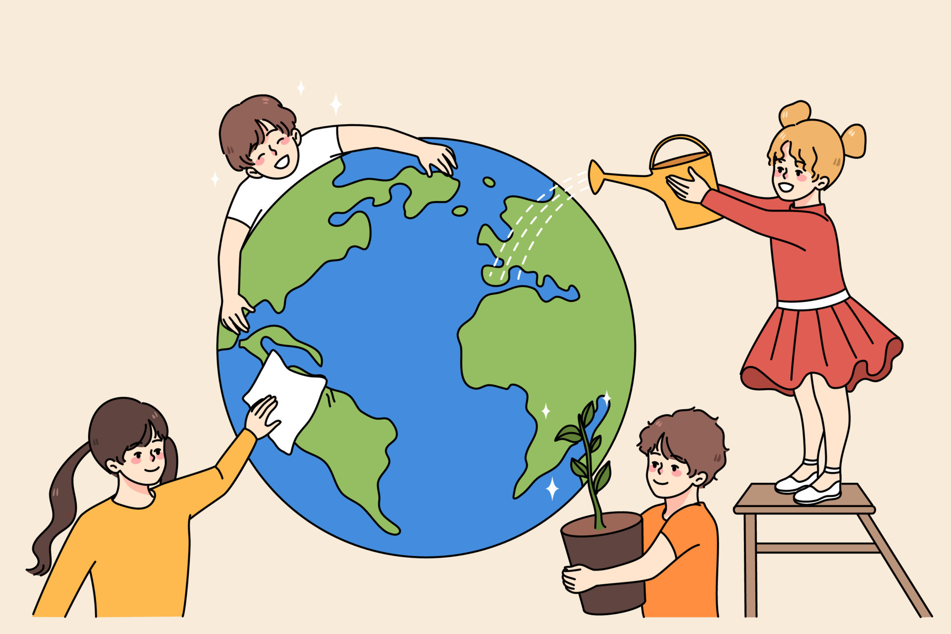 Children help save earth clean and water planet. Kids volunteers and ... Children help save earth clean and water planet. Kids volunteers and ...
