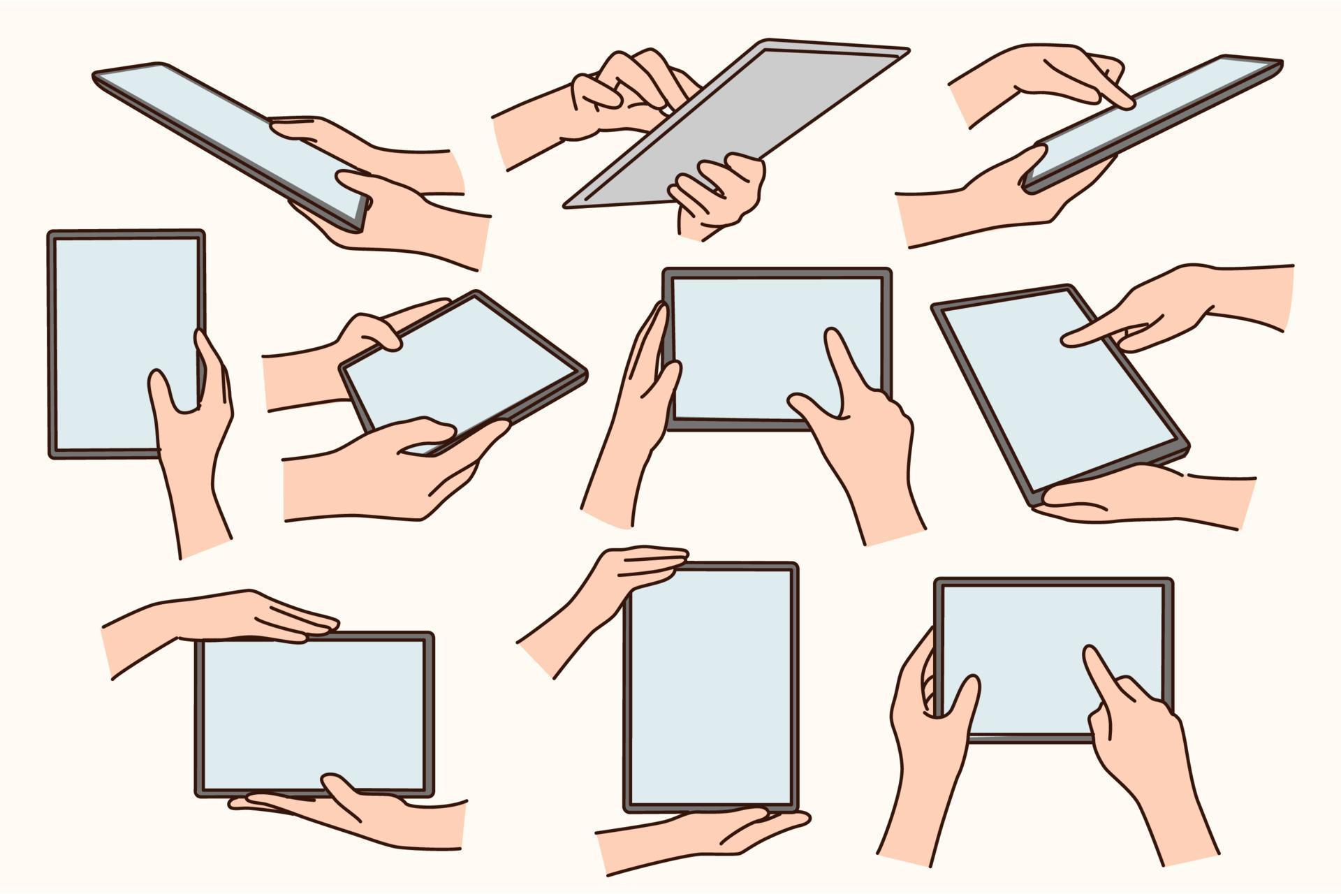 Collection of people hands hold modern tablet gadget browse internet ...