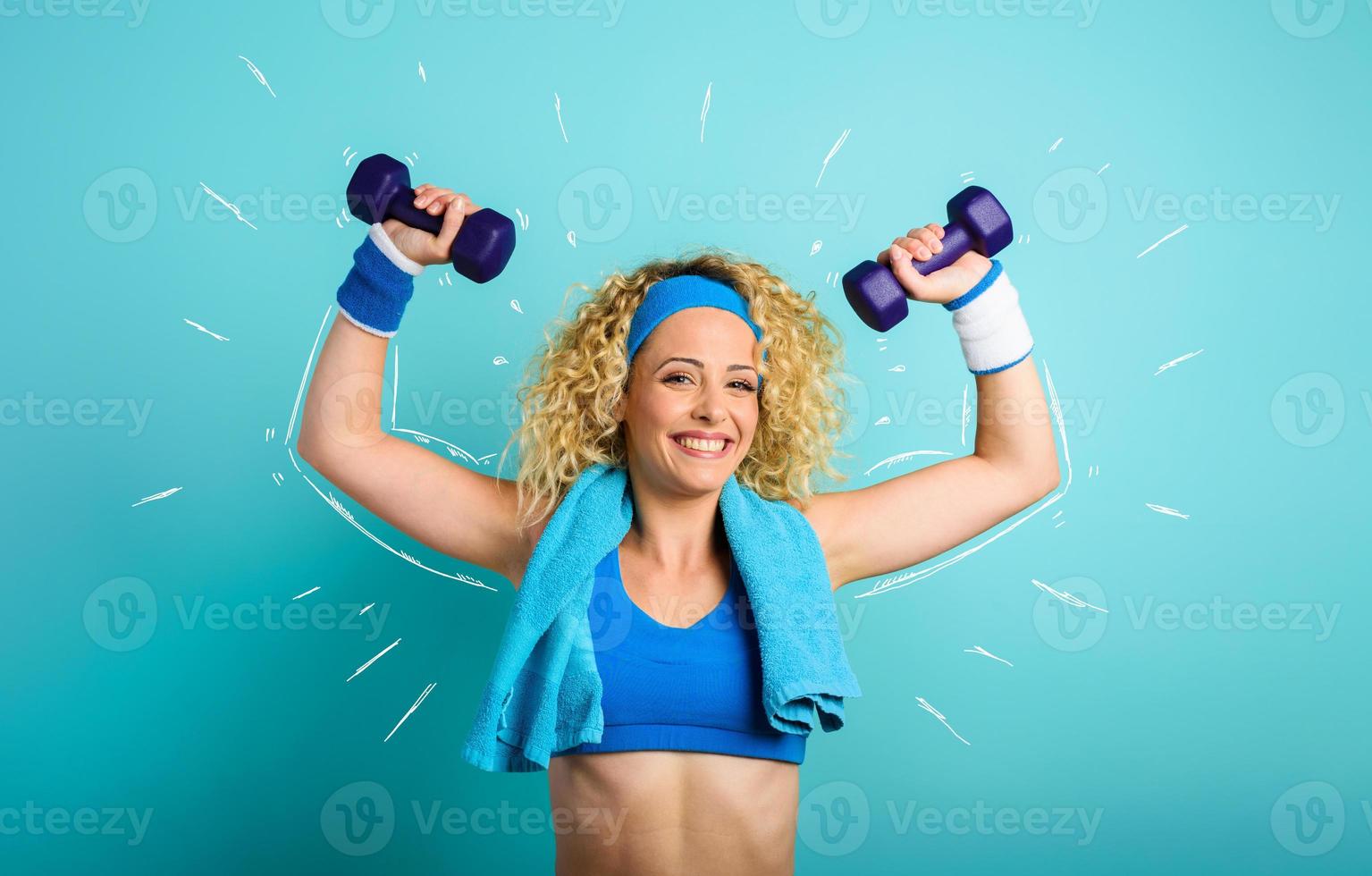 Girl trains with handlebars. cyan color background 20564830 Stock Photo ... Girl trains with handlebars. cyan color background 20564830 Stock Photo ...