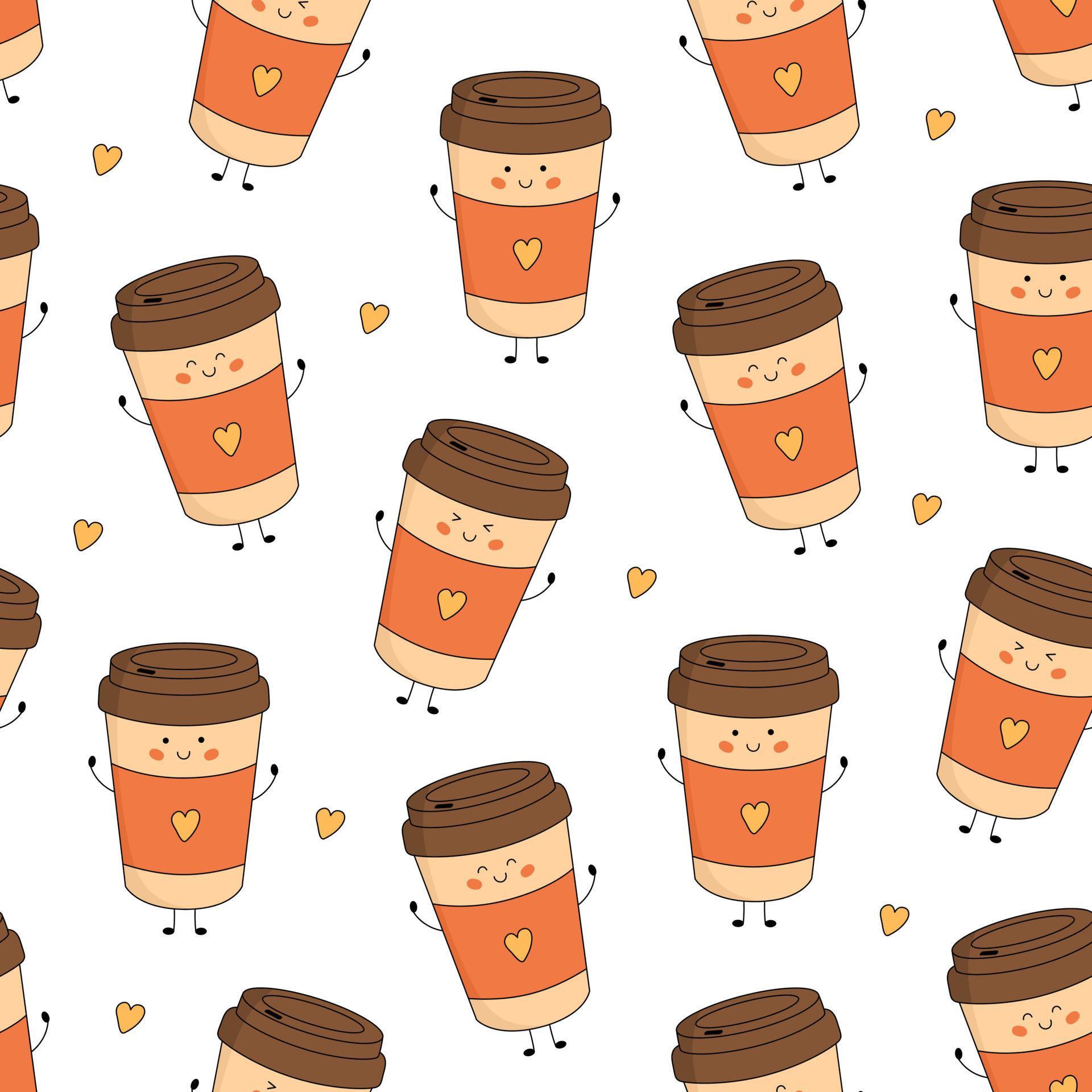 Seamless pattern with cute paper coffee cup character with smiling face ...