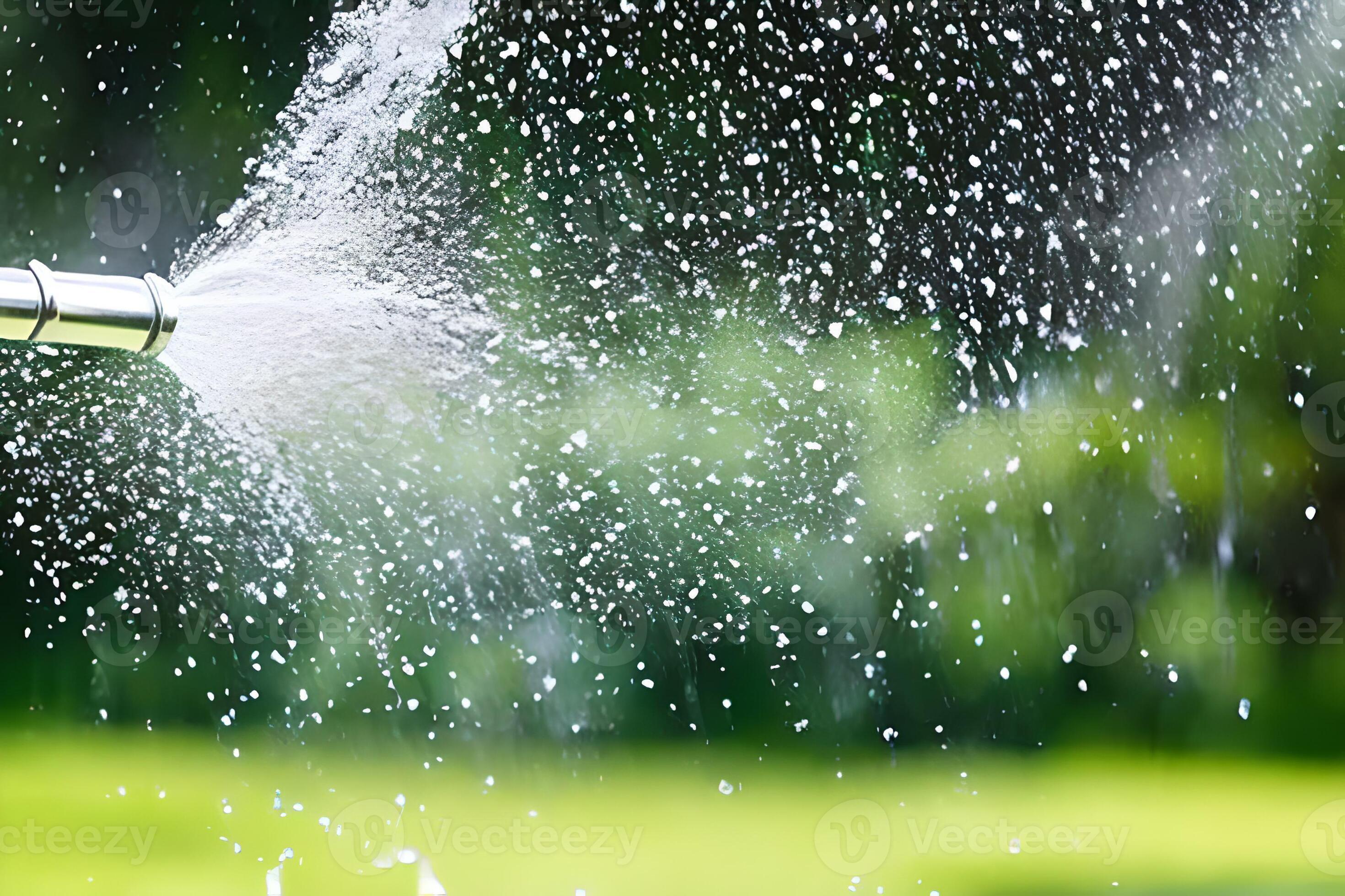 Hose pipe and running water at the garden outside. Splashing and ...