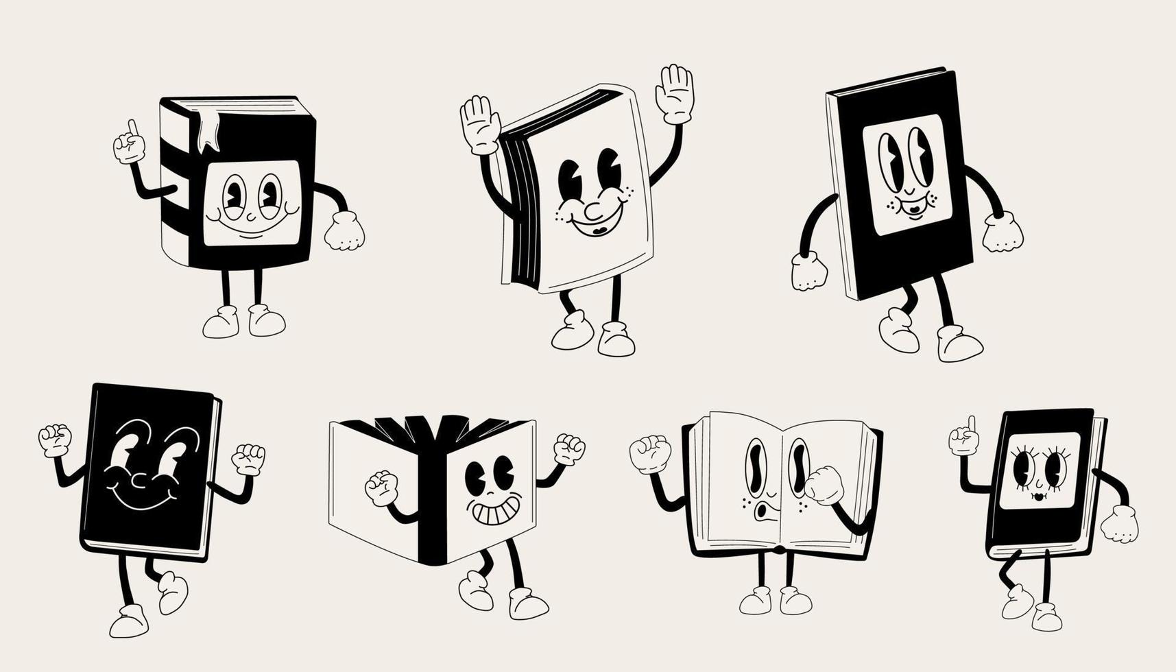 Big set of Books 30s cartoon mascot character 40s, 50s, 60s old animation style in black and ...