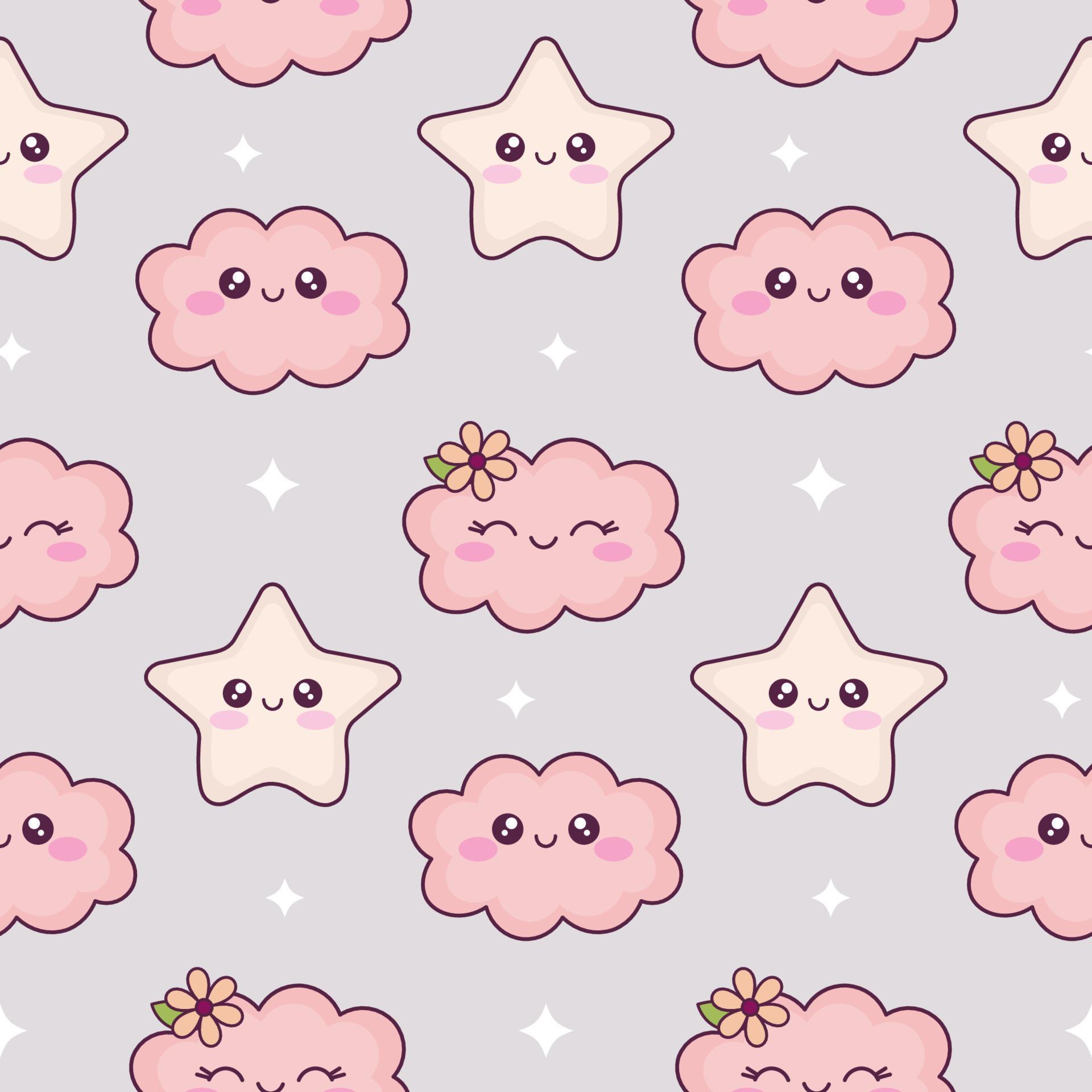 Hand drawn stars and clouds. Cute cartoon kawaii seamless pattern. Funny comic characters ...
