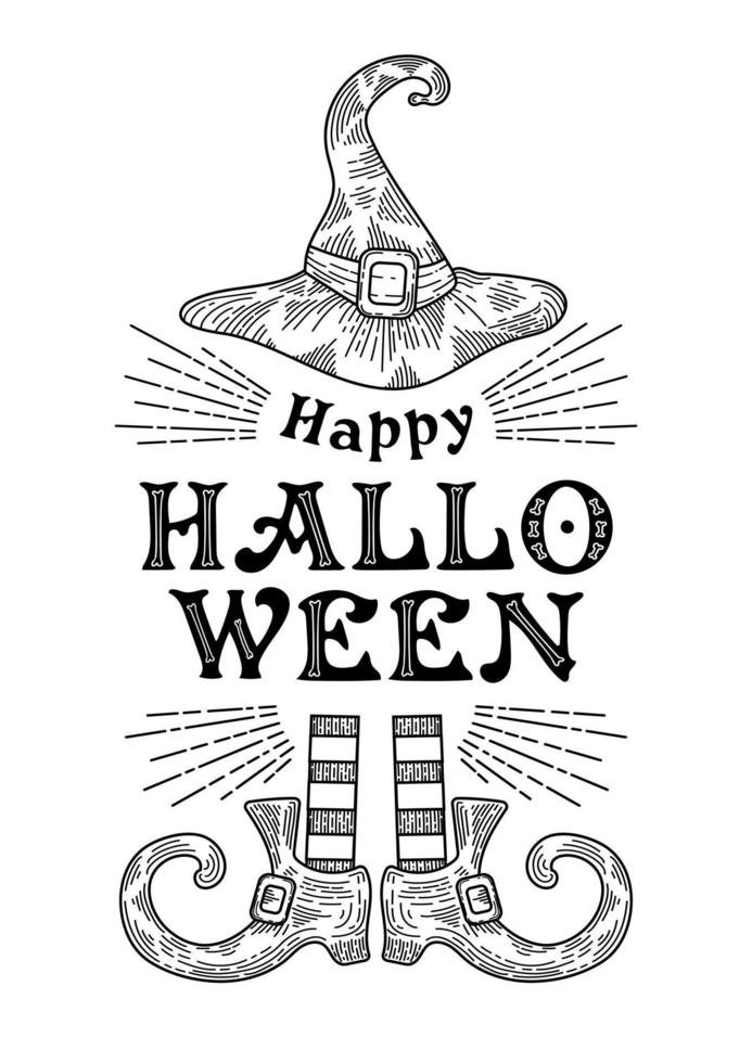 Happy halloween. Witch hat, striped stockings, buckled shoes. Retro ...