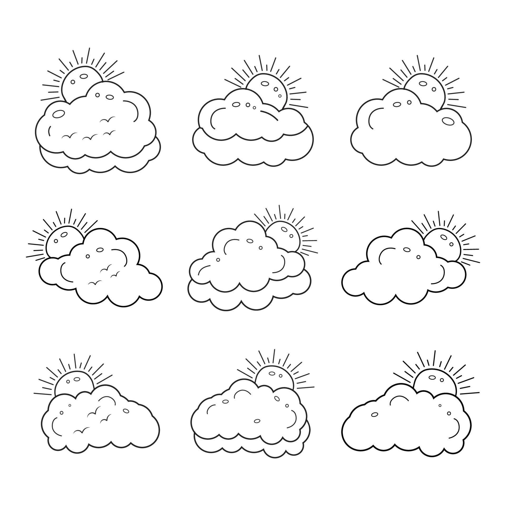 set of Sun and clouds line art drawing style, weather icons, Clouds in the sky,sun and Cloud ...