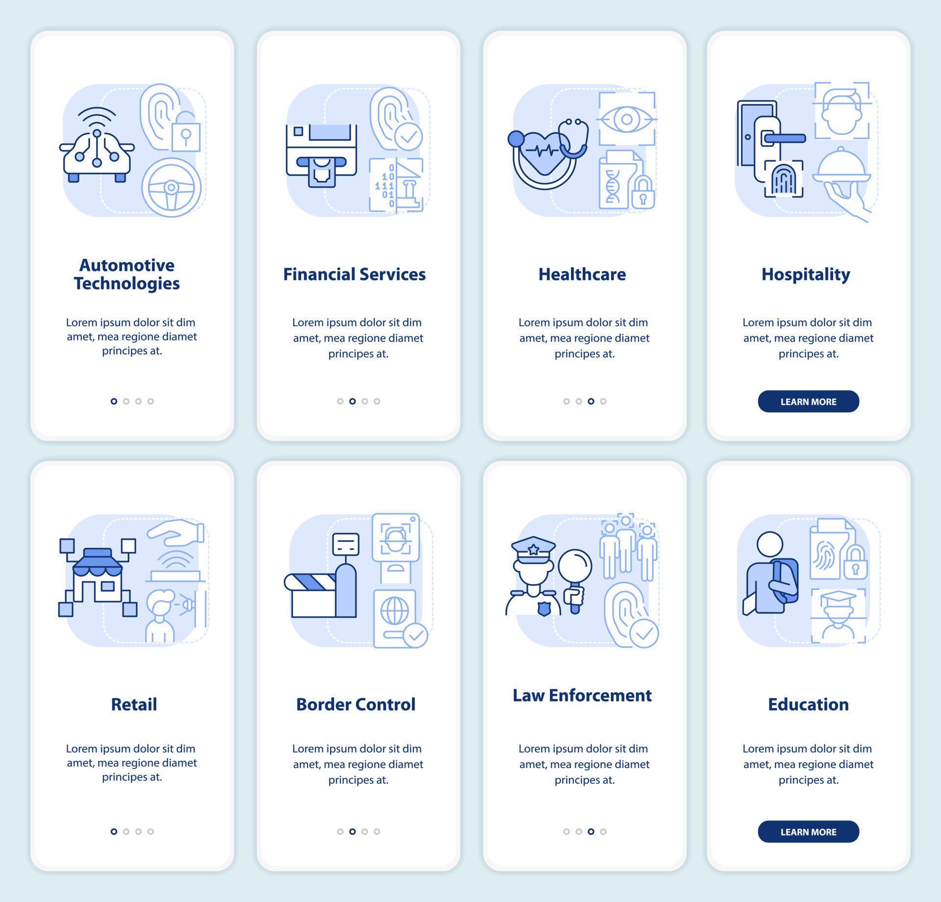 Usage of biometrics light blue onboarding mobile app screen set. Walkthrough 4 steps editable ...