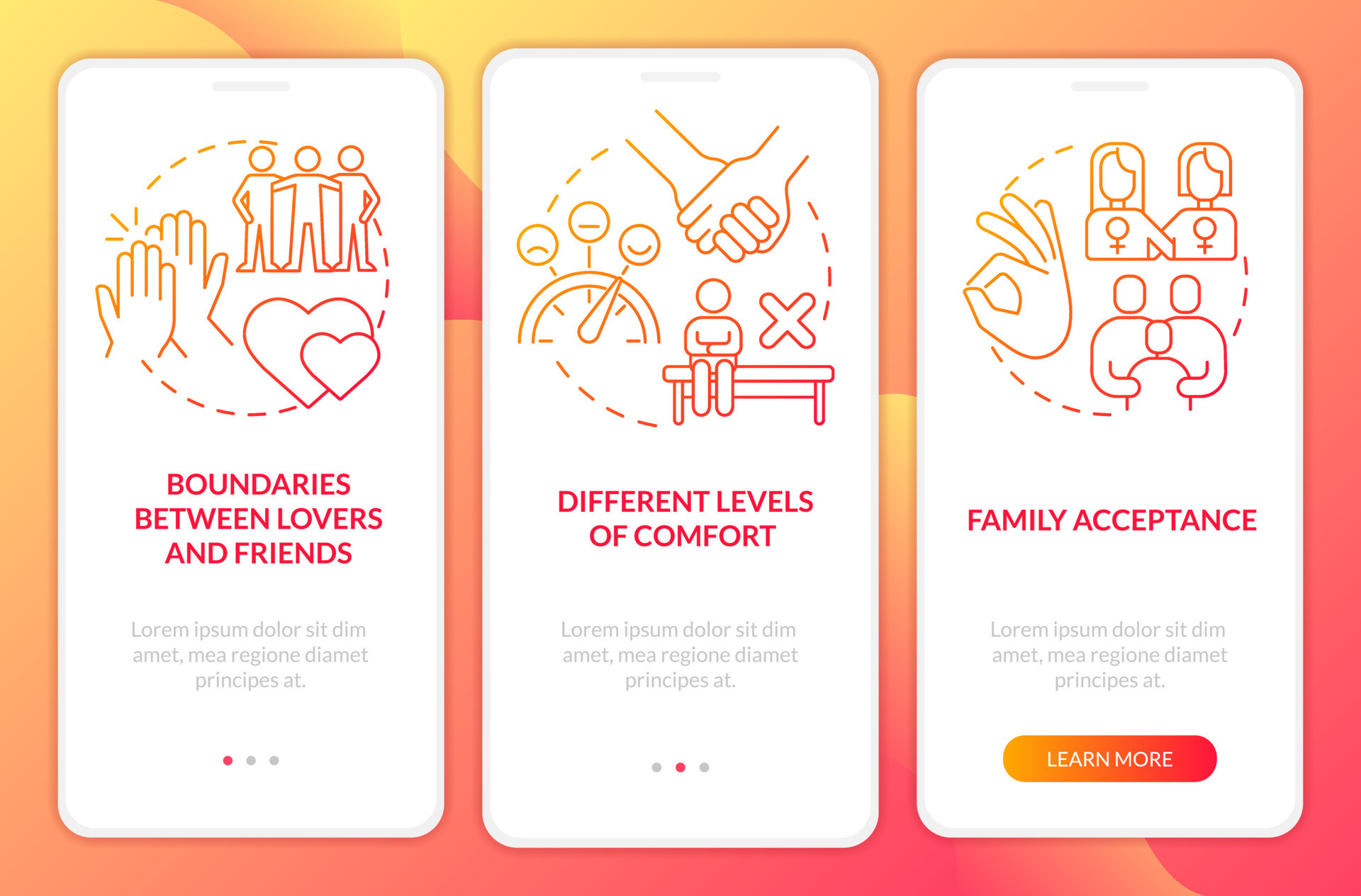 Issues within LGBT couples red gradient onboarding mobile app screen. Walkthrough 3 steps ...