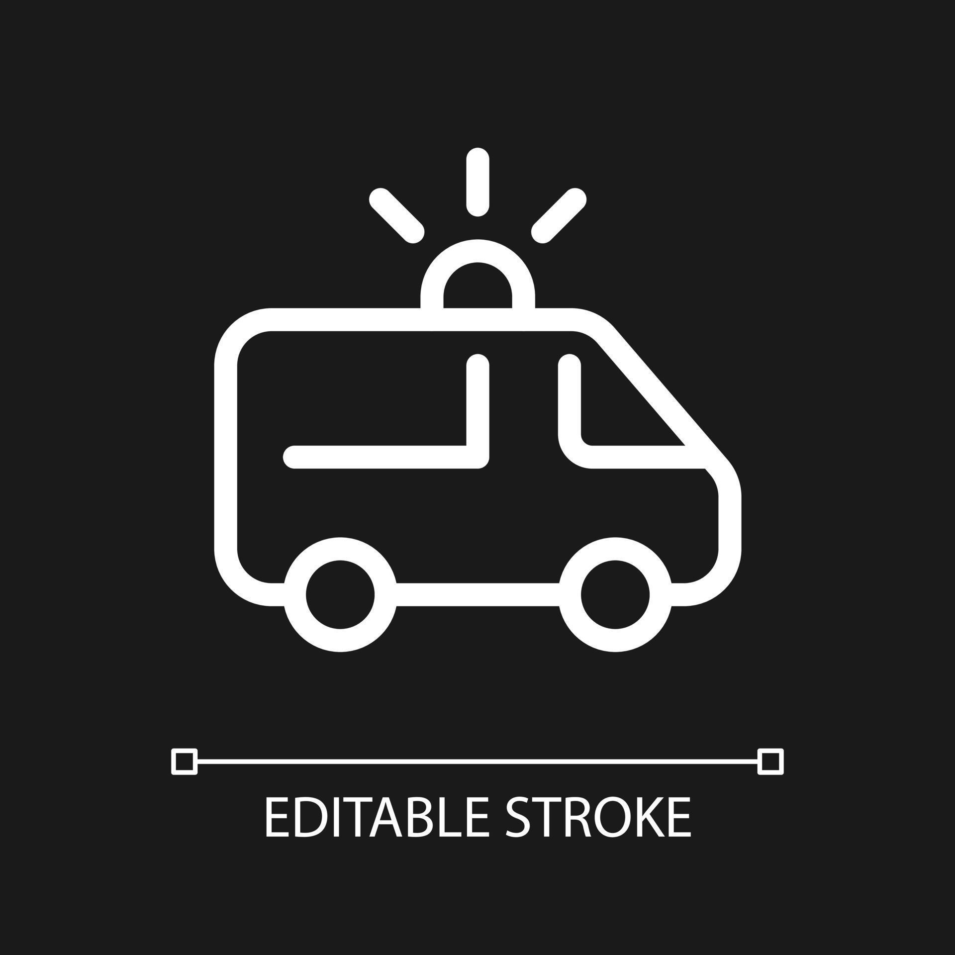 Ambulance pixel perfect white linear ui icon for dark theme. Urgent medical help. EMS vehicle ...