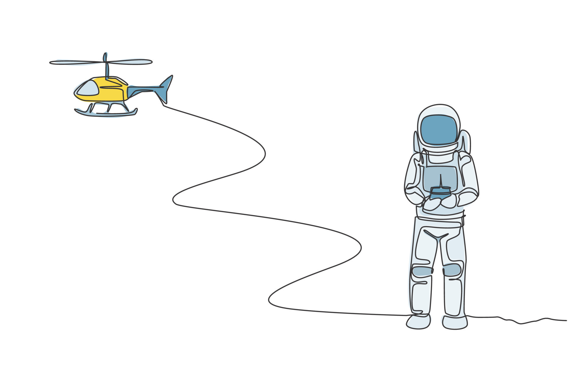 Single Continuous Line Drawing Of Astronaut Playing Helicopter Radio Control In Moon Surface