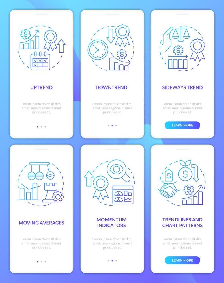 Types Of Trends Blue Gradient Onboarding Mobile App Screen Set Trading Walkthrough 3 Steps